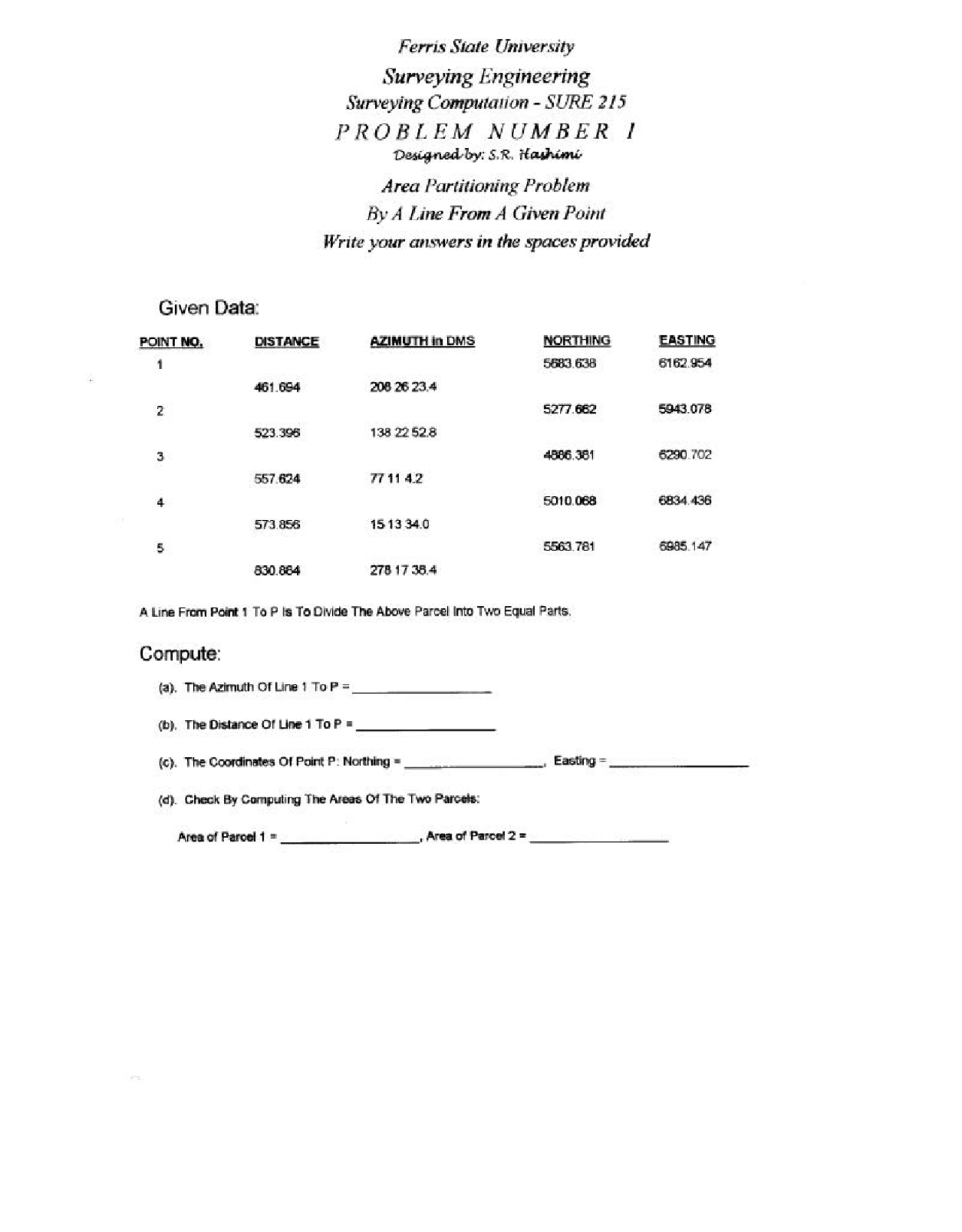 Problem Number 1 - Surveying Computation | SURE 215 - Docsity