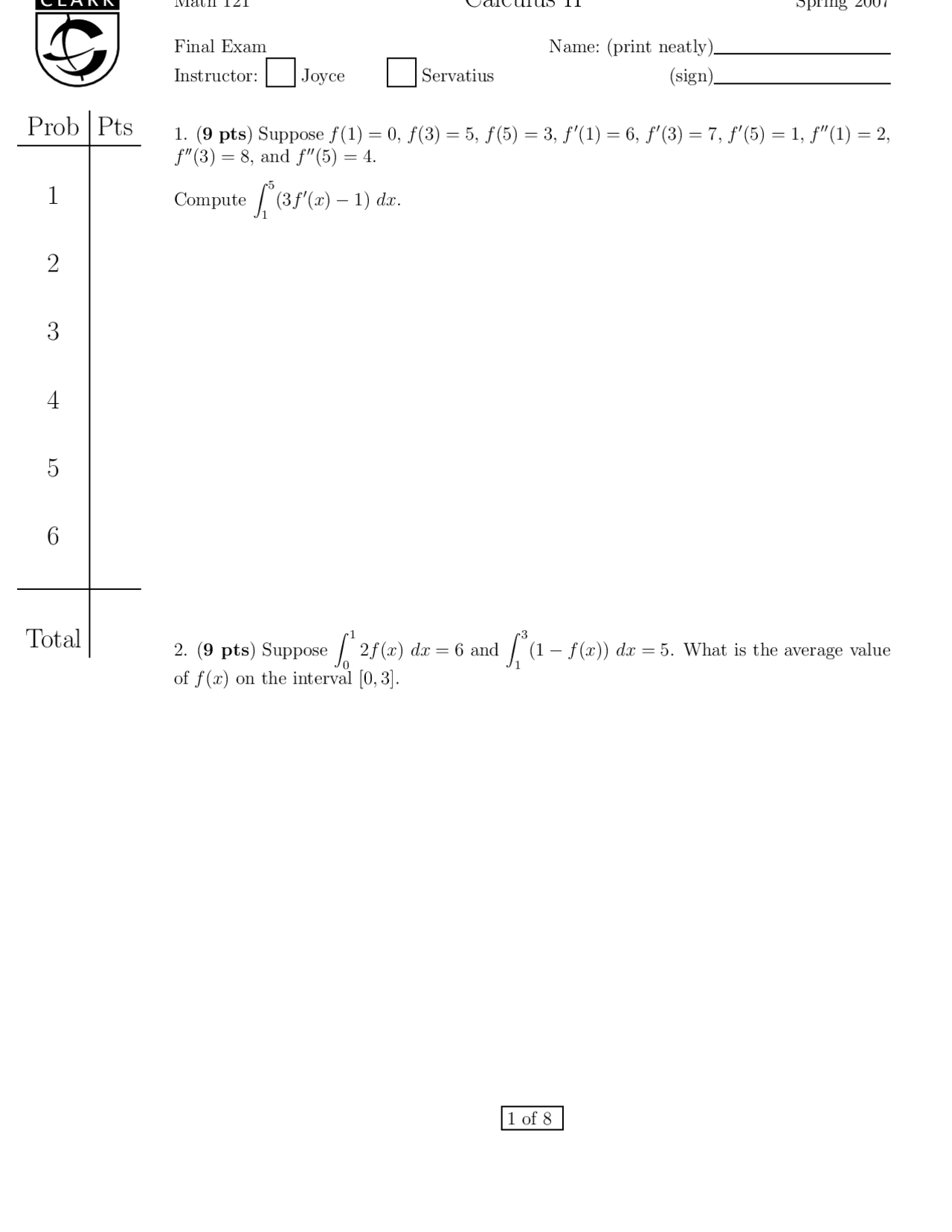 Practice Problems On Calculus I Final Examination Math 121 Docsity