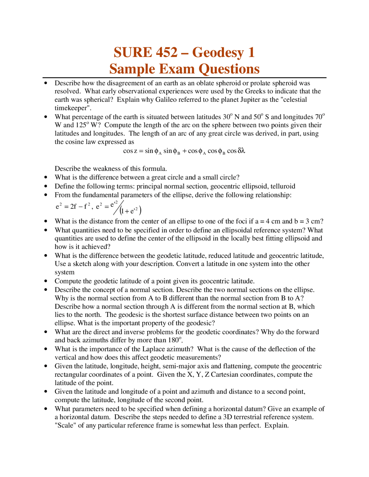 Sample Questions For Final Exam Geodesy 1 Sure 452 Exams