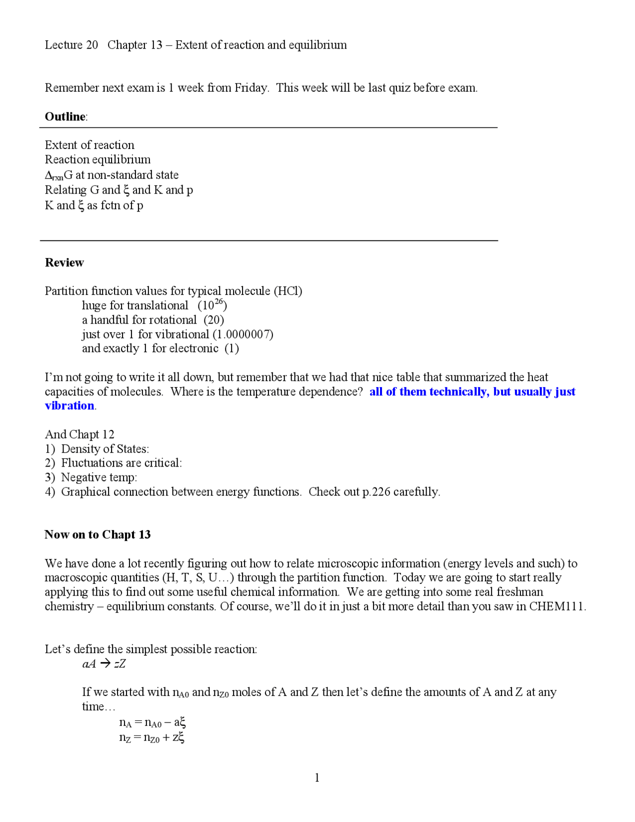 Extent Of Reaction And Equilibrium Physical Chemistry I Chem 343