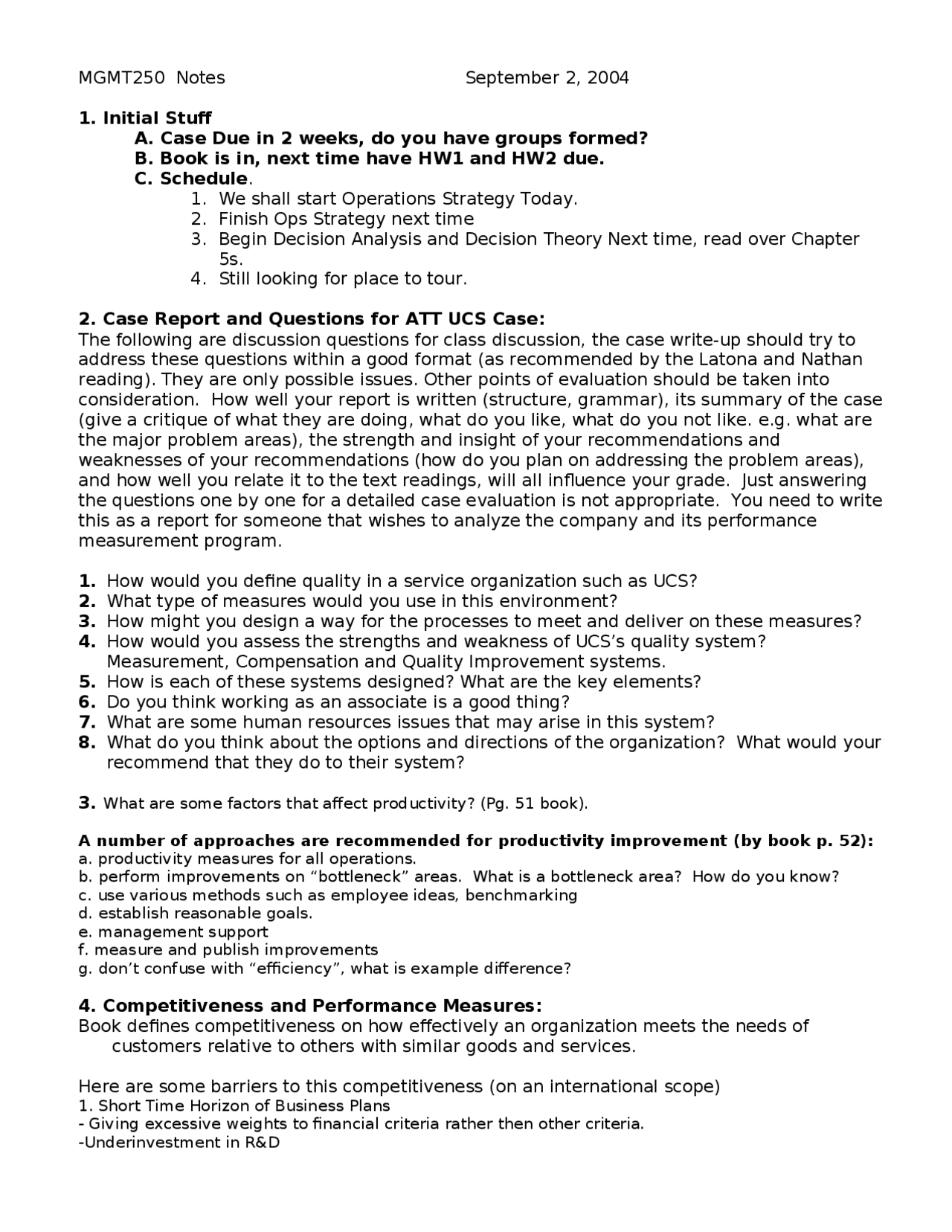 Assignment 1 Operations Management Fall 2004 Mgmt 250 Docsity
