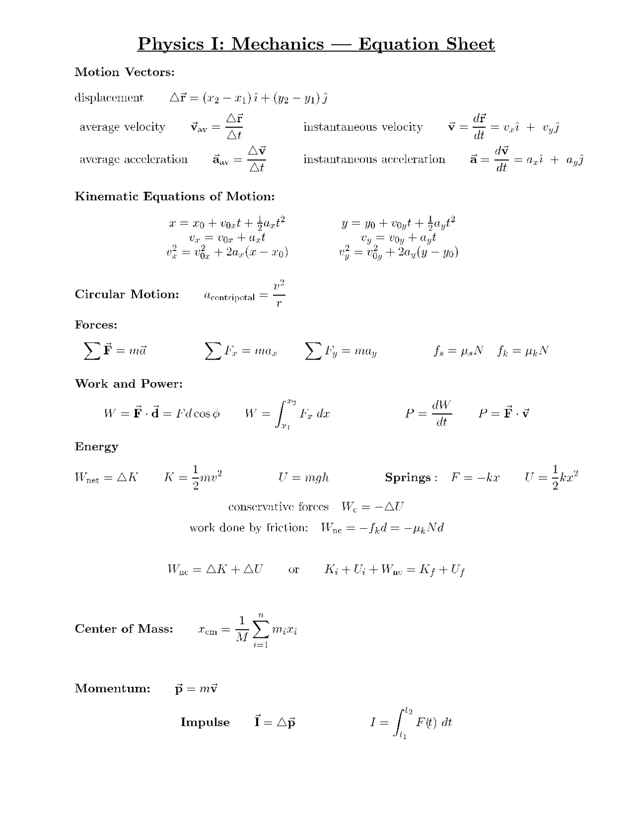 Equation Sheet - Newtonian Mechanics | PHYS 114 - Docsity
