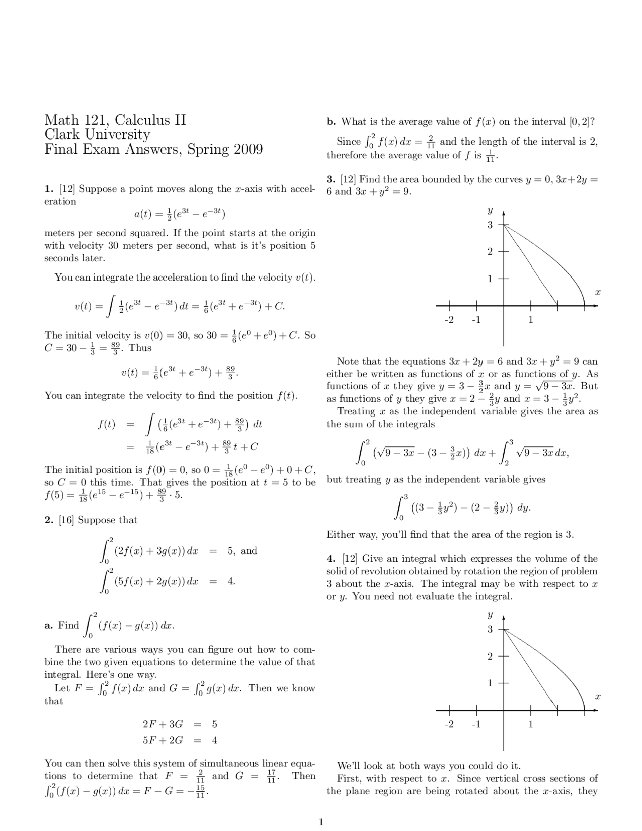 Calculus II Final Exam Answers, Spring 2009 - Clark University - Prof. David E. Joyce | Exams ...