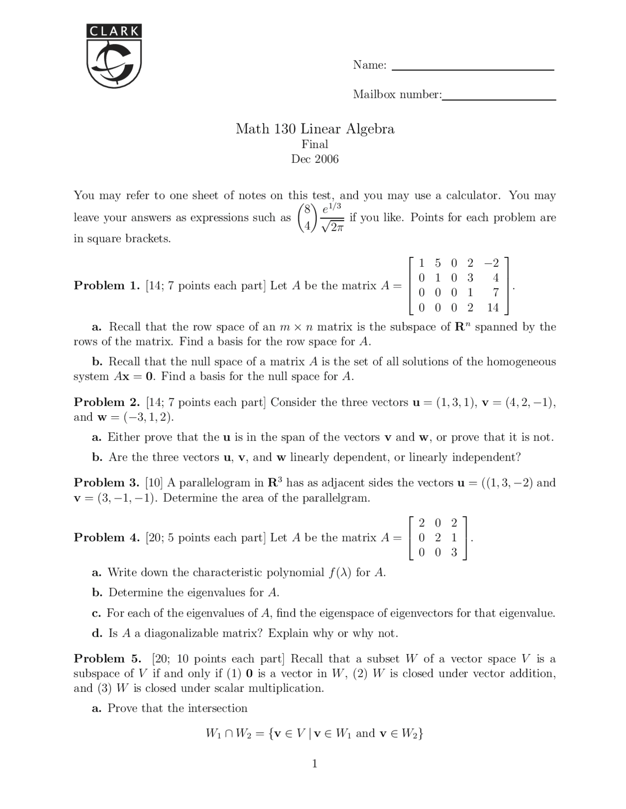 7 Problems For Final Exam Linear Algebra Math 130 Docsity