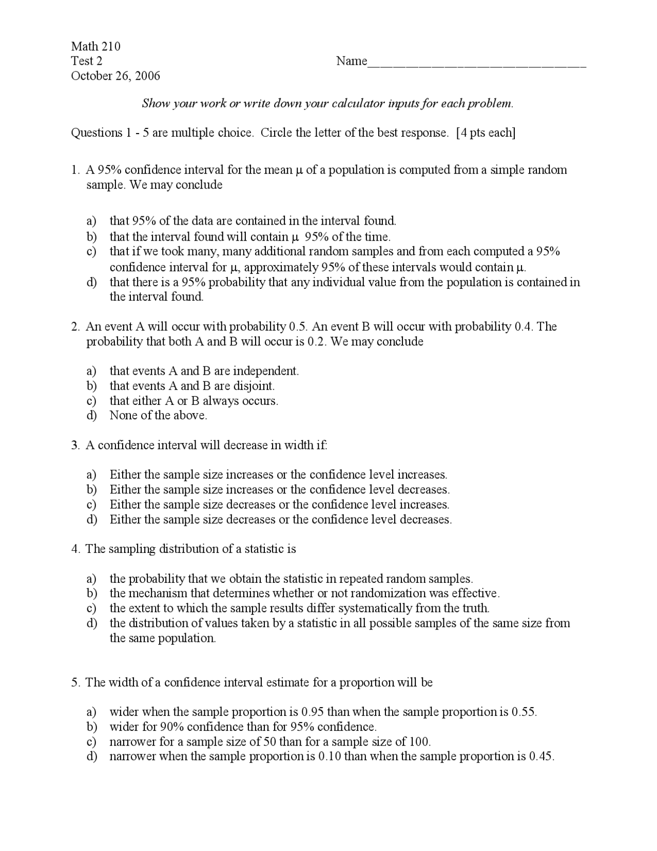 Practice Test 2 Introductory Statistics Fall 2006 Math 210 Docsity