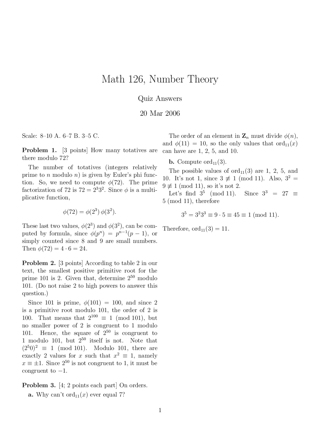 Sample Quiz Questions With Answers Number Theory Math 126 Docsity