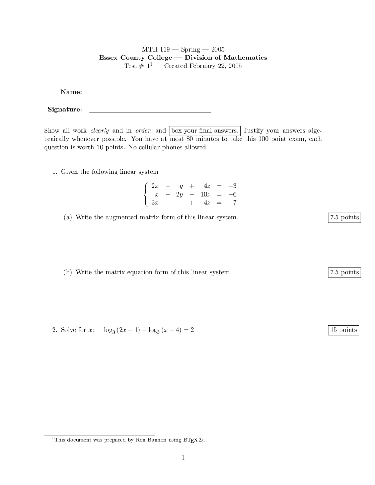 6 Questions Of Pre Calculus I Examination 1 Mth 119 Docsity