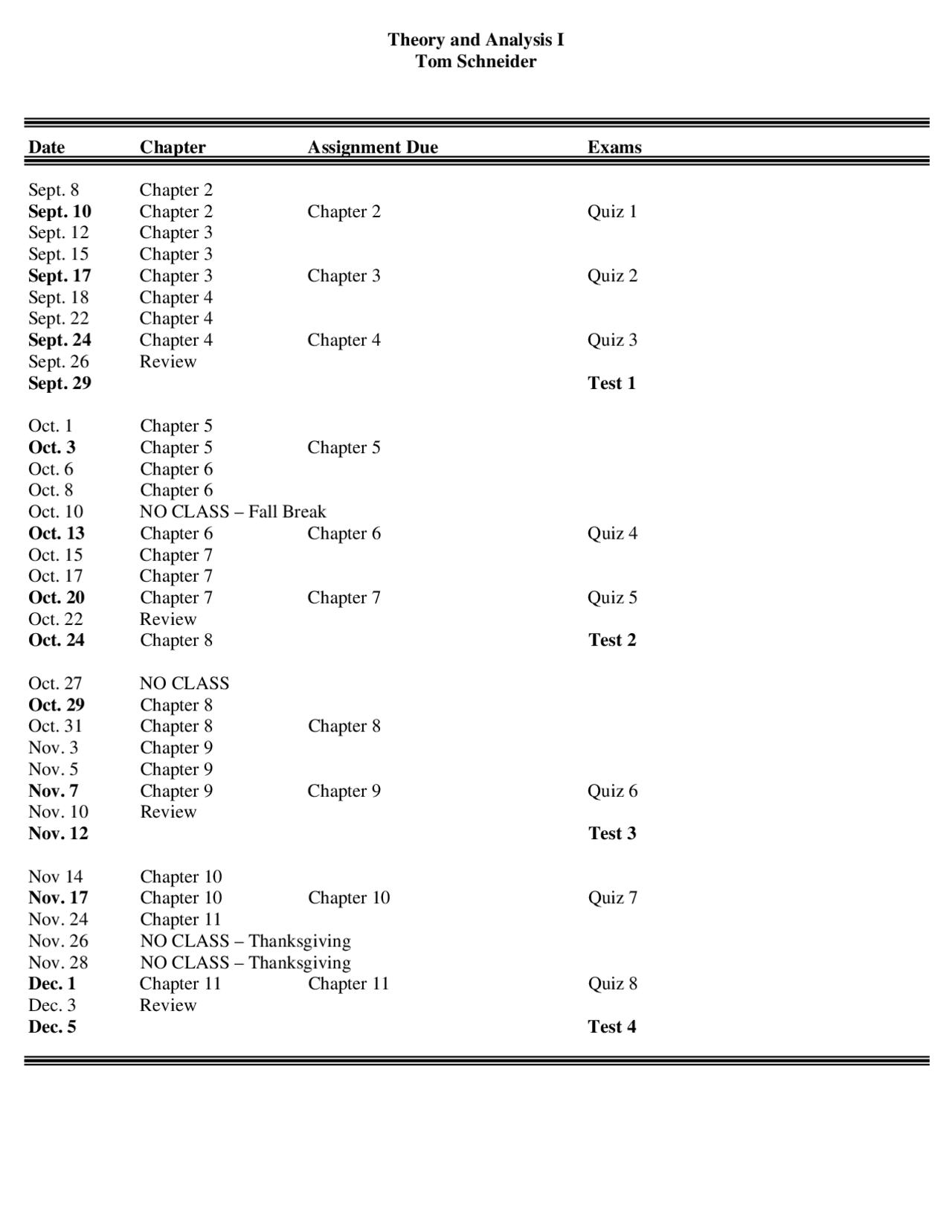 Quiz Schedule - Theory and Analysis 1 | MUS 117 - Docsity