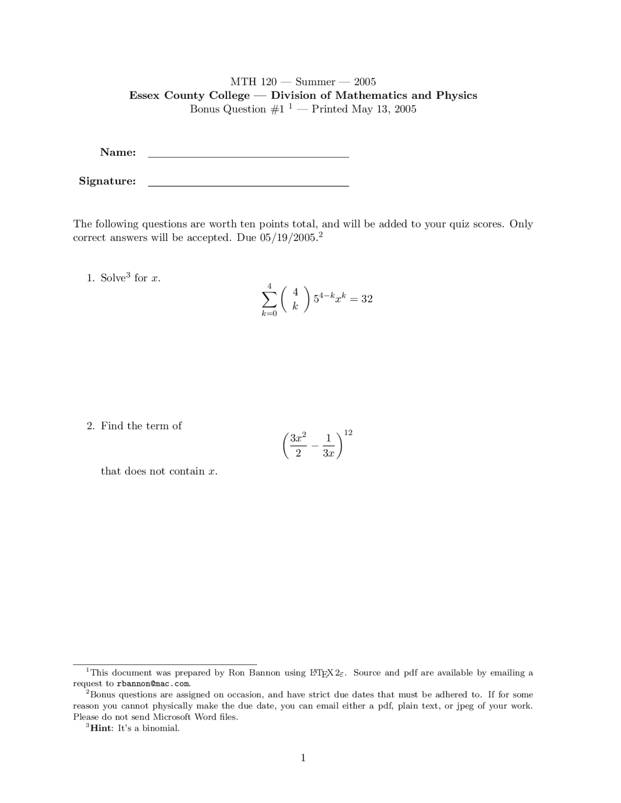 Pre Calculus Ii Assignment Solve Term With No X Mth 120 Docsity
