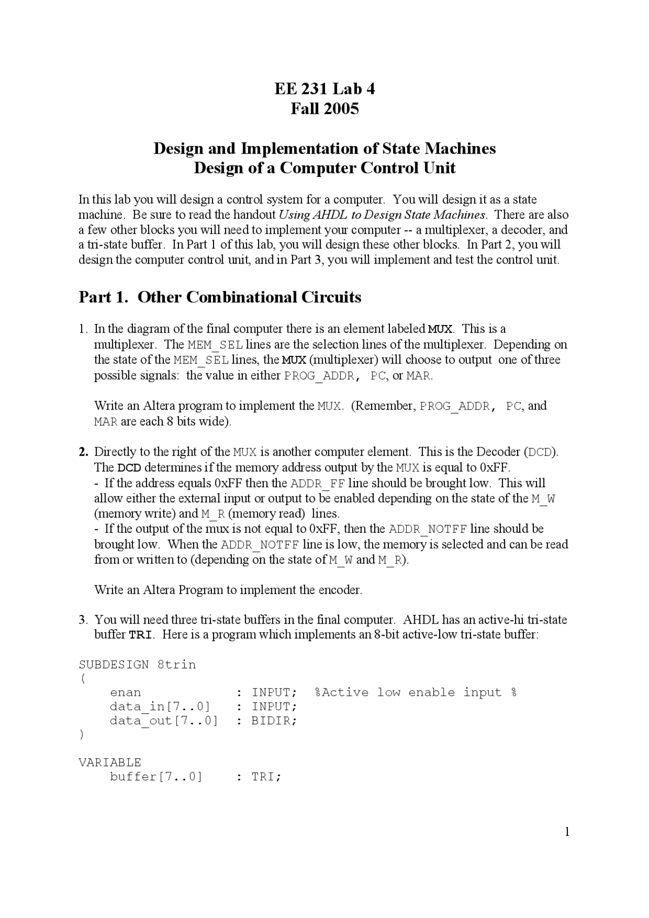 Design And Implementation Of State Machines Lab 4 Ee 231 Docsity