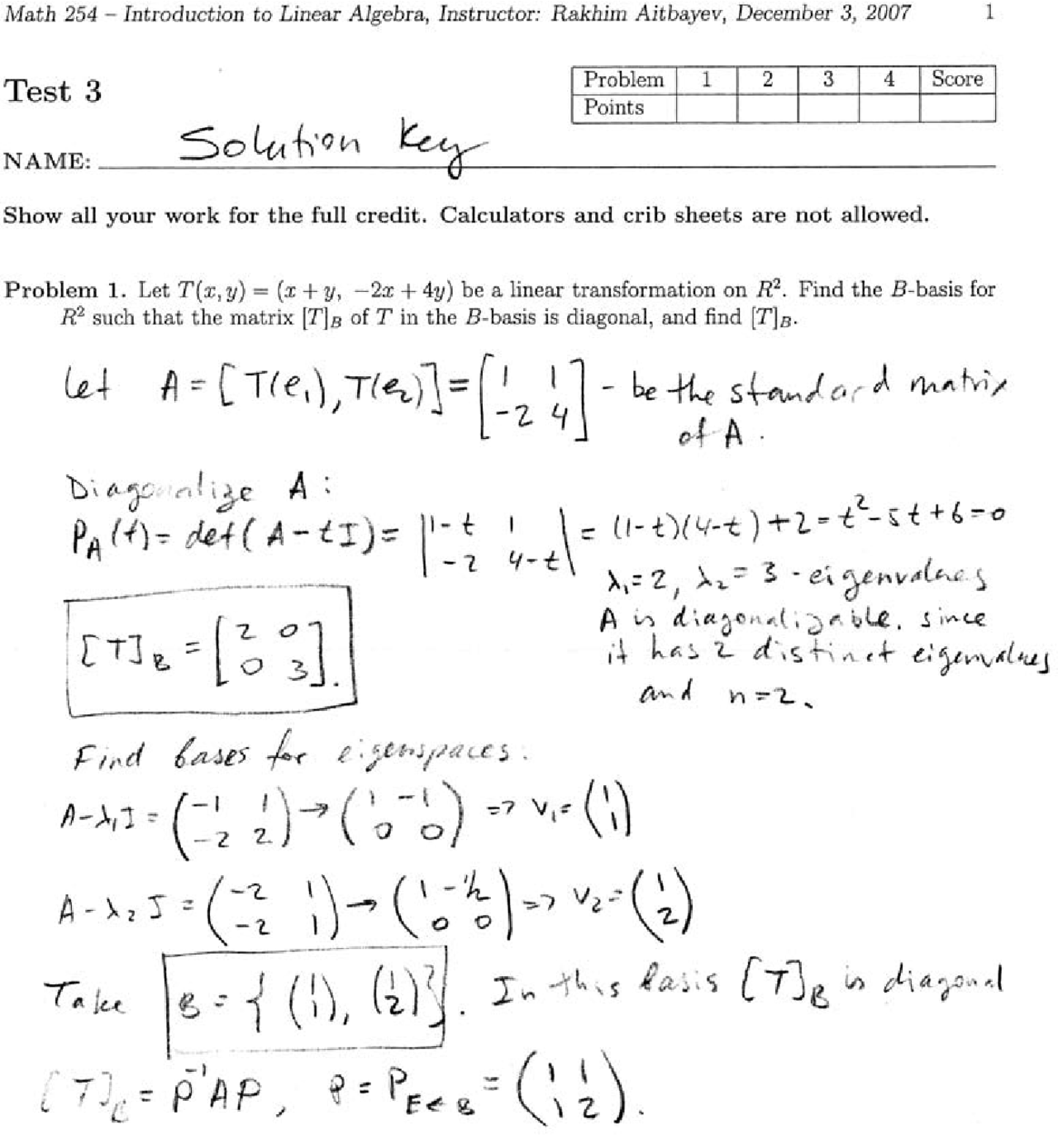 Introduction To Linear Algebra Resolution For Exam 3 Math 254 Docsity