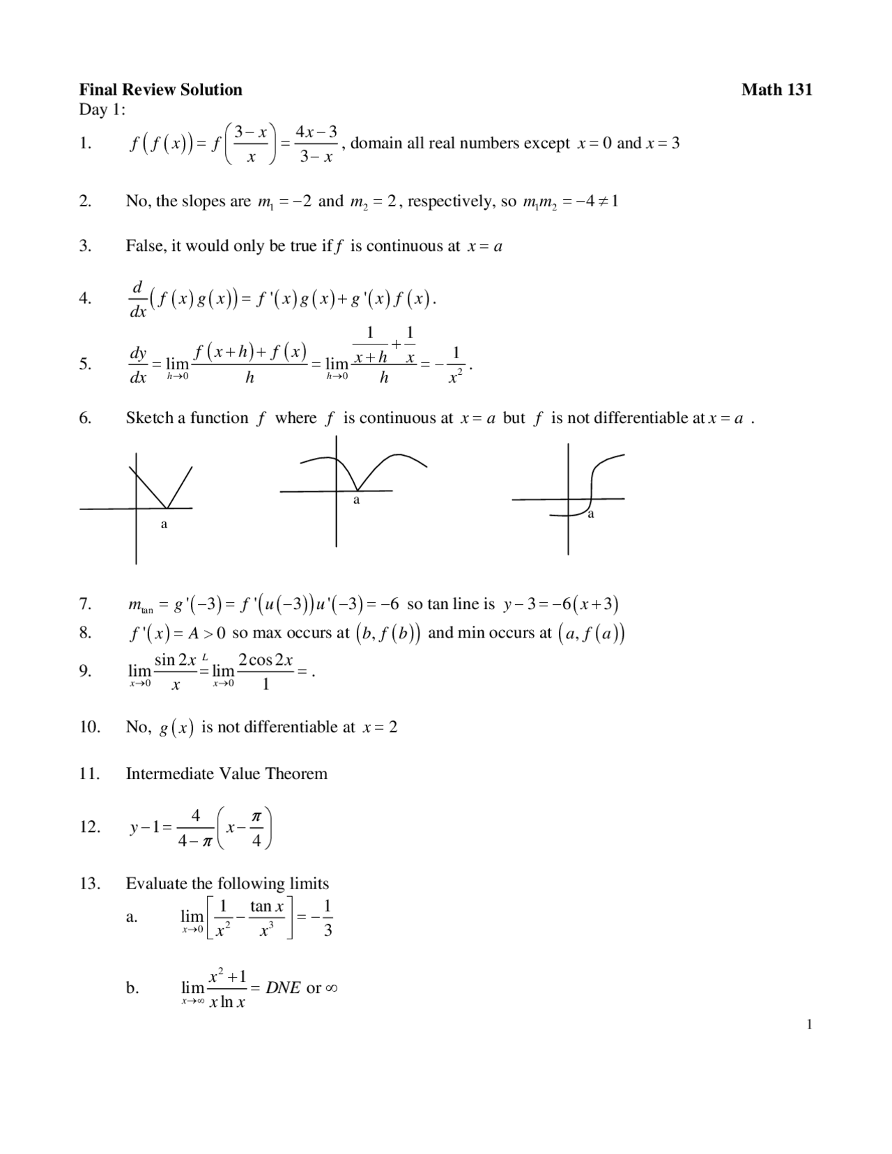 Final Exam Review Solution Calculus And Analytic Geometry I Math