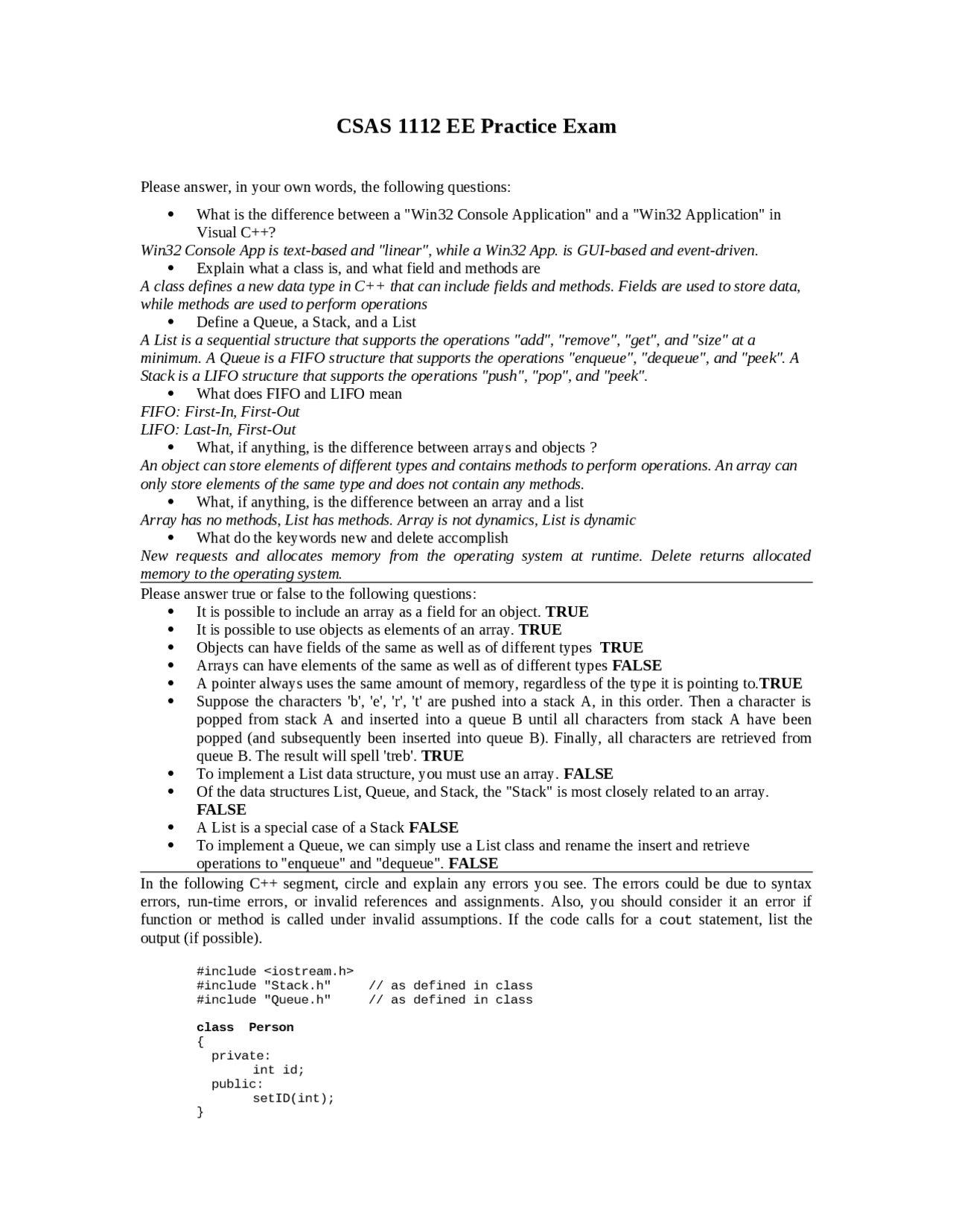 Introduction To Computer Science Ii Practice Exam Ii Csas 1112