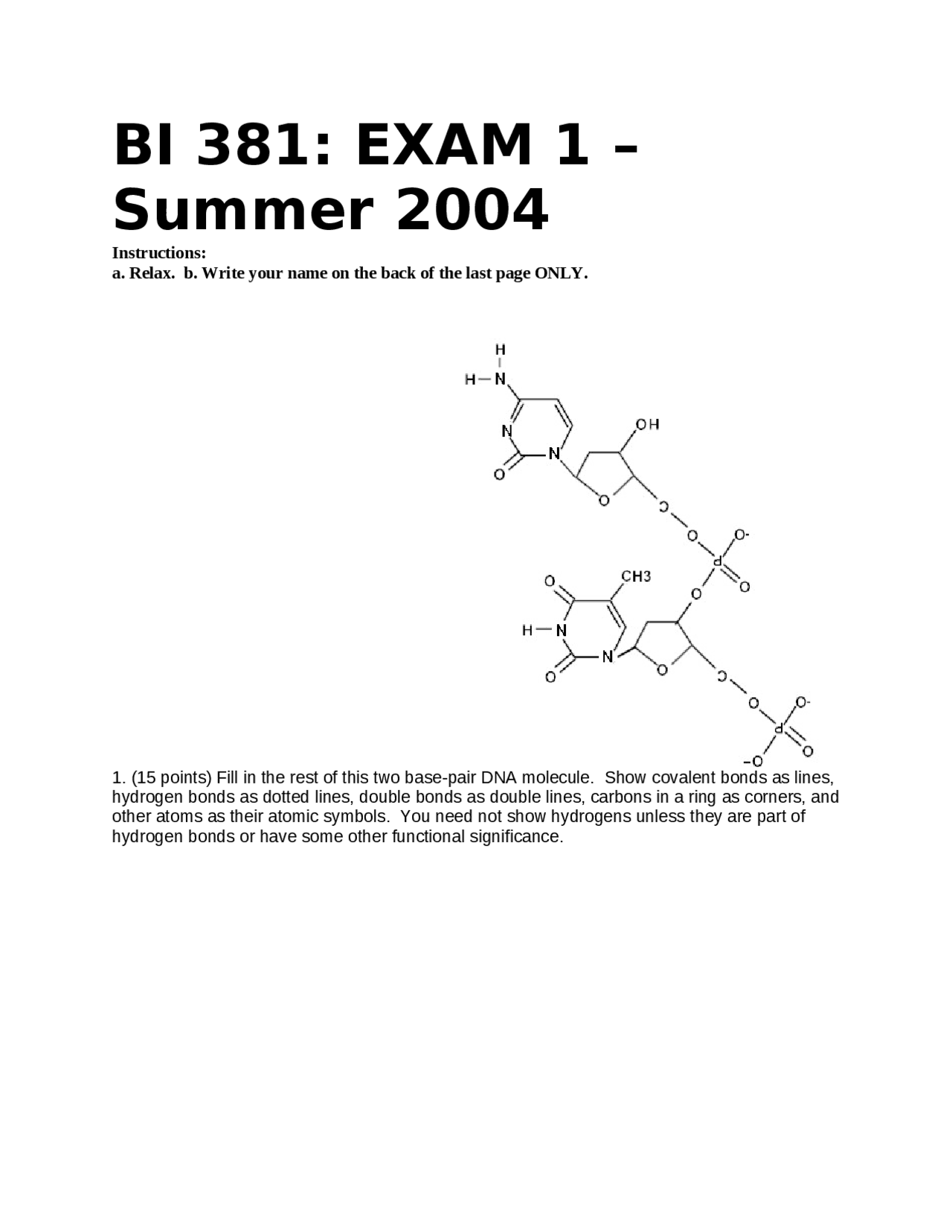 Questions On The Molecular Genetics Exam 1 Bi 381 Docsity