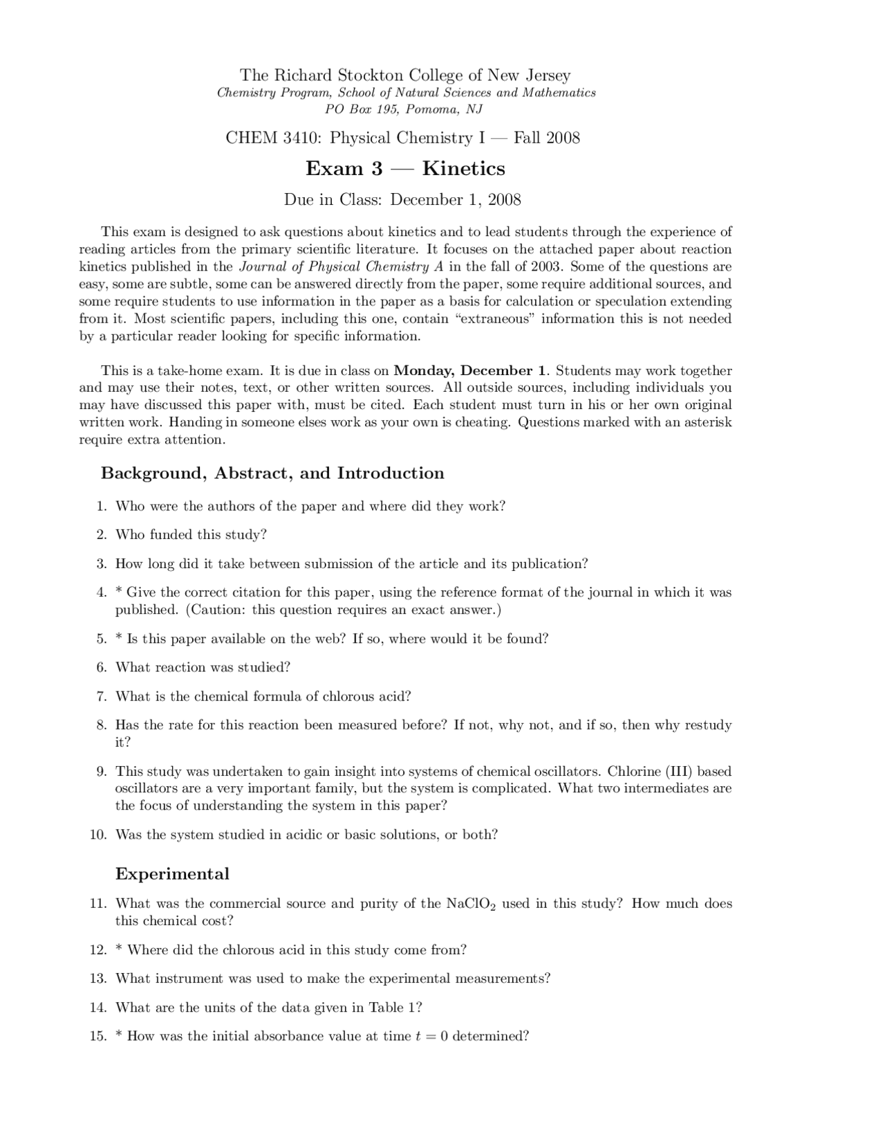 Questions On Kinetics Physical Chemistry I Exam 3 Chem 3410 Docsity