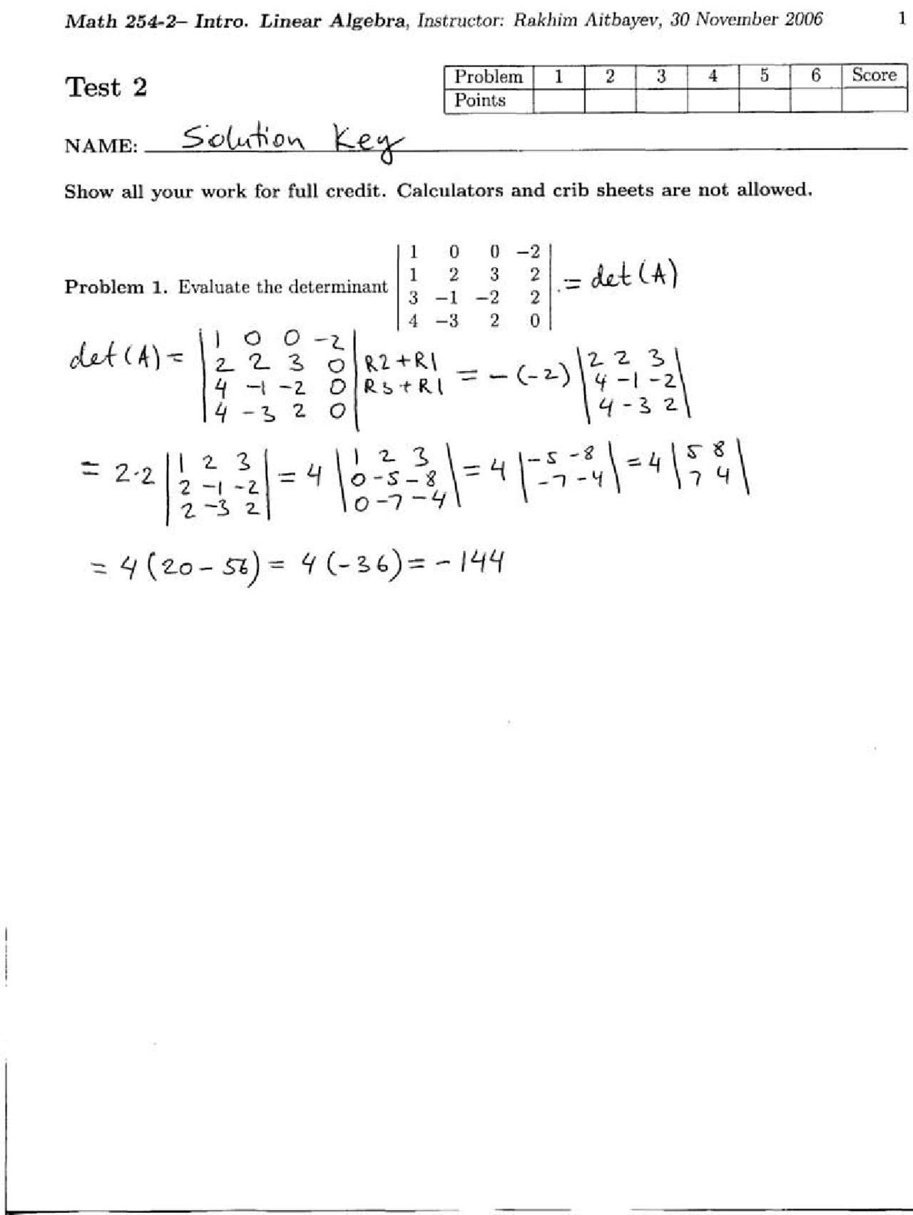 Sample Test 2 with Solution for Introduction to Applied Linear Algebra ...