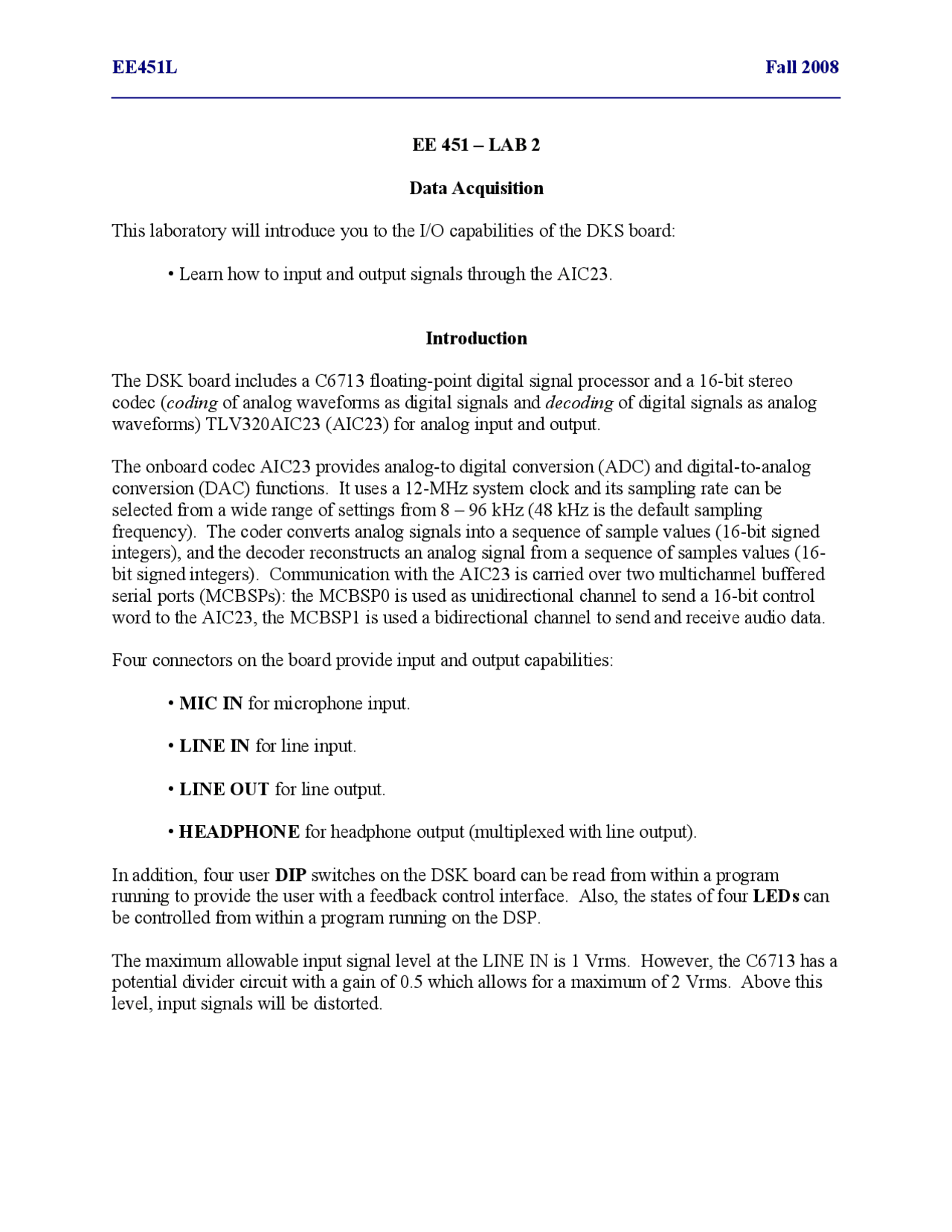 Data Acquisition In Digital Signal Processing Lab 2 Ee 451l Docsity