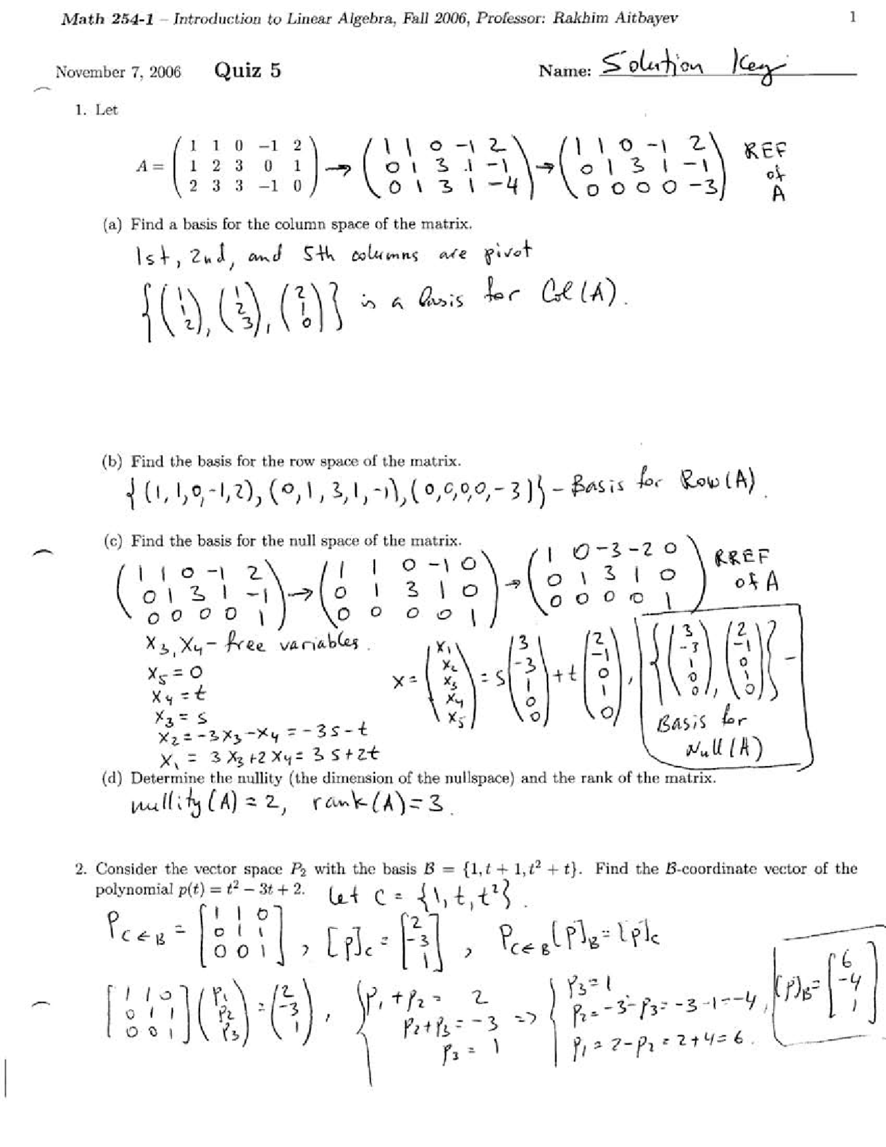 2 Solved Questions To Find The Matrix Quiz 5 Math 254 Docsity