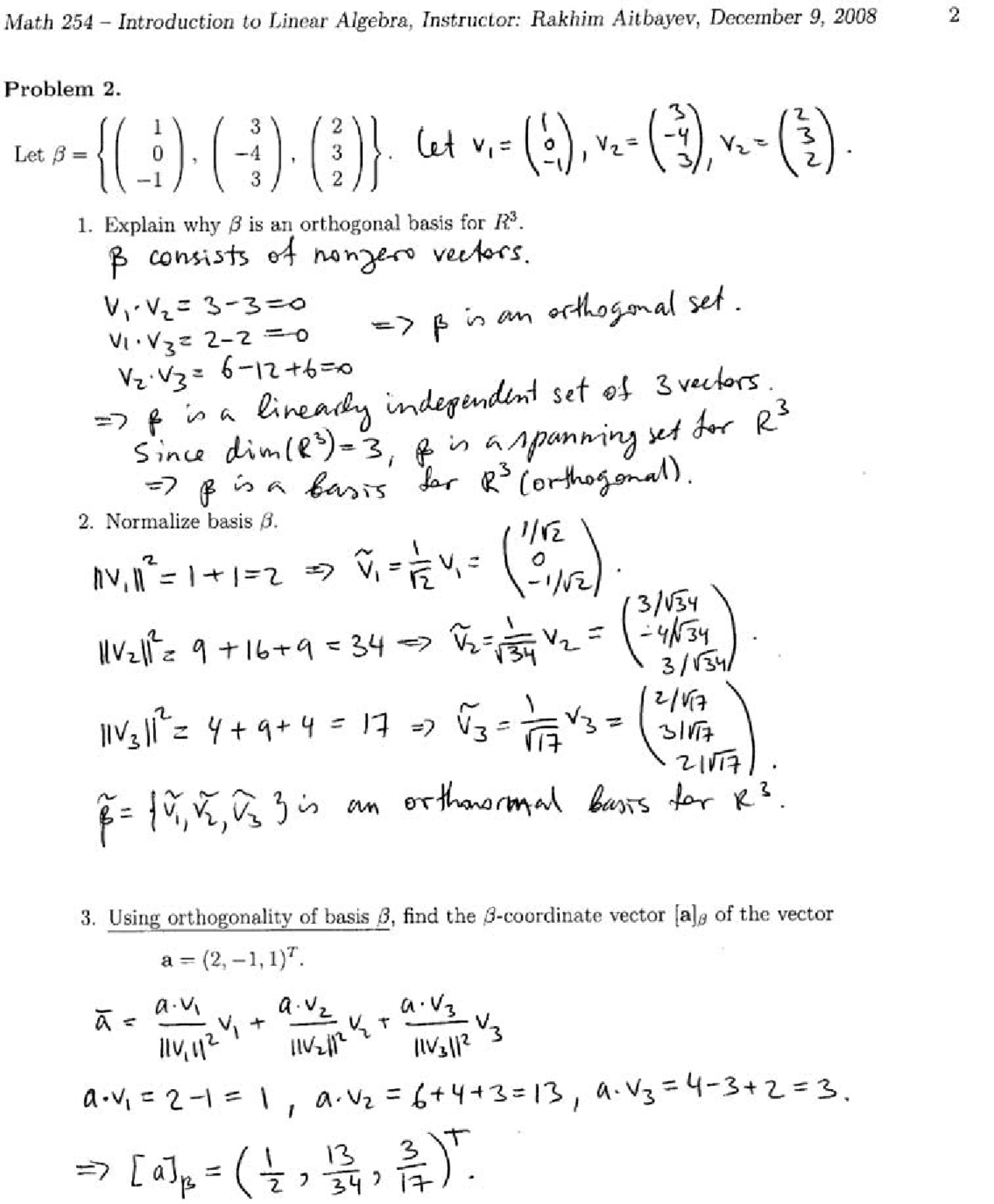 3 Solved Questions In Exam 3 On The Orthogonal Sets Math 254 Exams