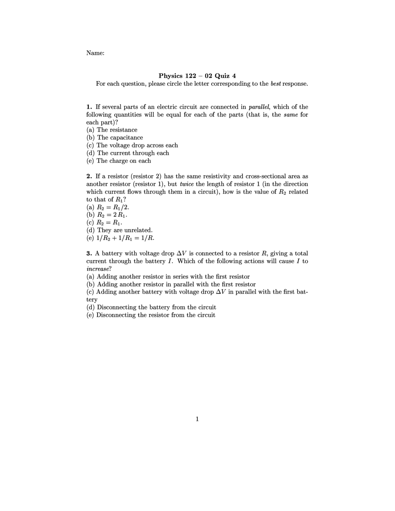 5 Practice Questions on General Physics II - Quiz 4 | PHYS 122 - Docsity