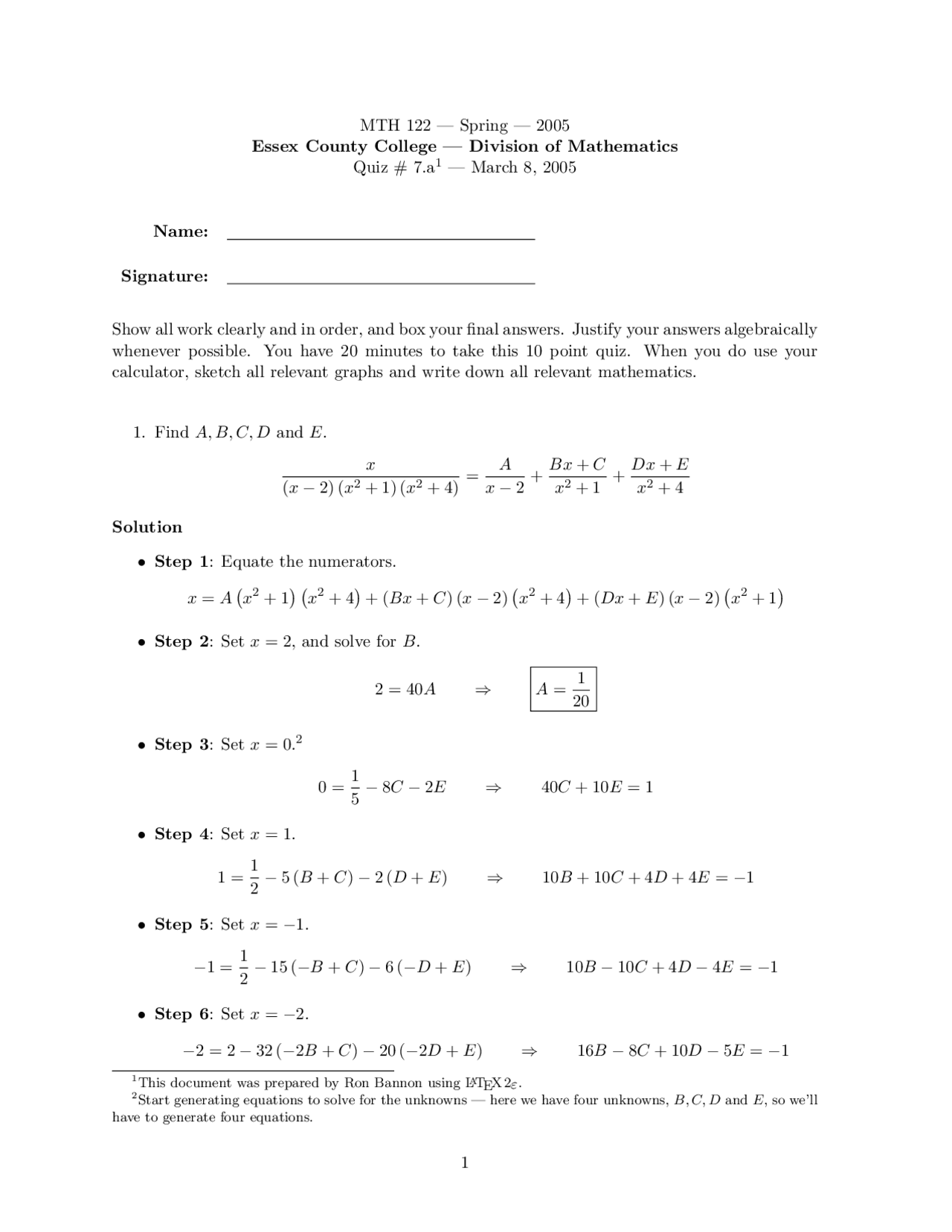 Quiz Solution for MTH 122 - Spring 2005, Essex County College - Prof ...