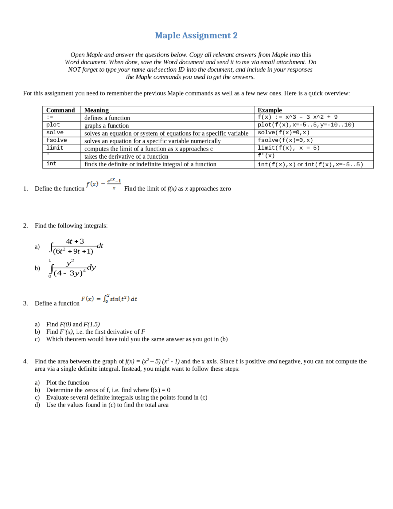 Maple Assignment 2 Project 2 Honors Calculus I Math 1501 Docsity