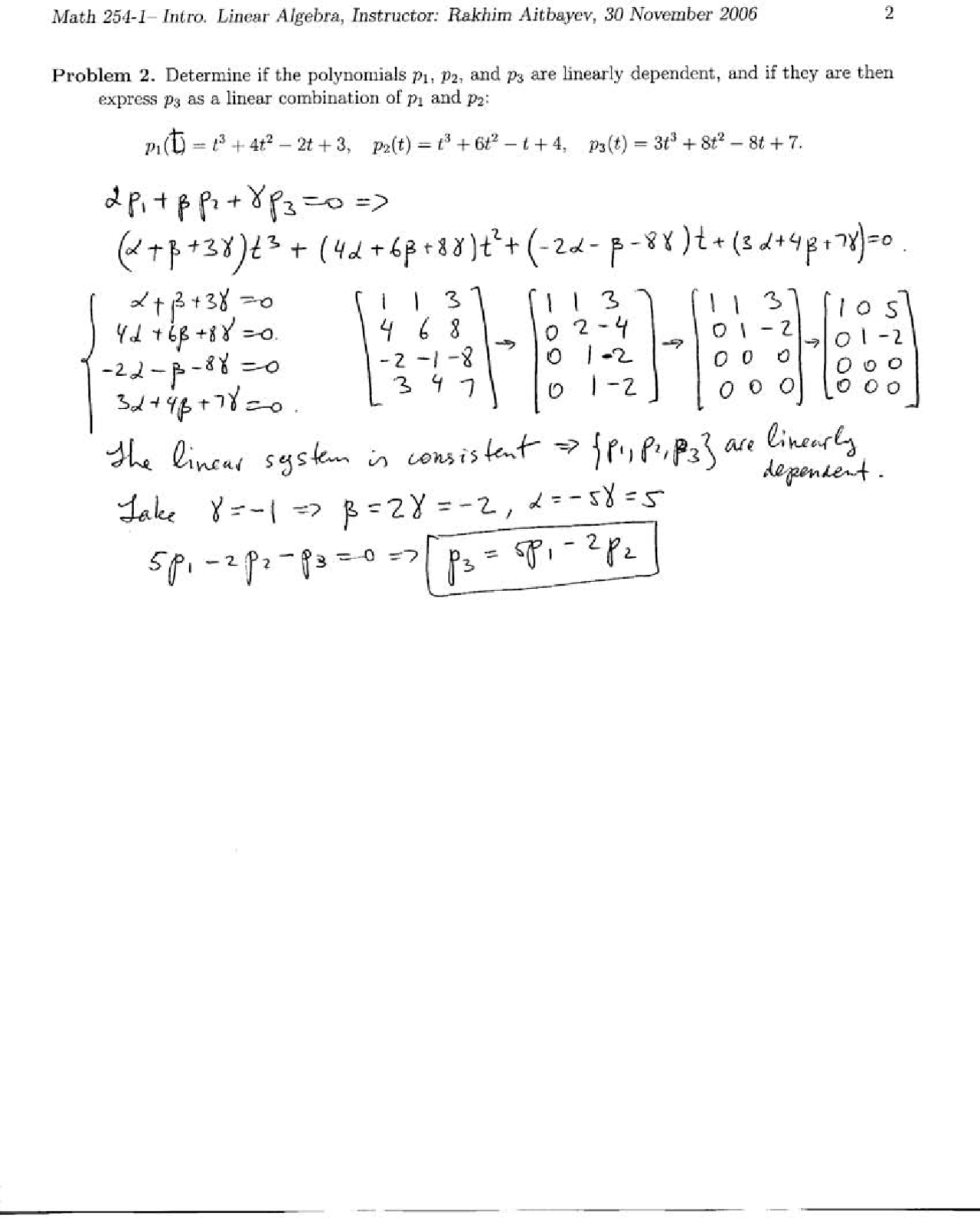 Introduction To Linear Algebra Solved Problem Ii Math 254 Docsity