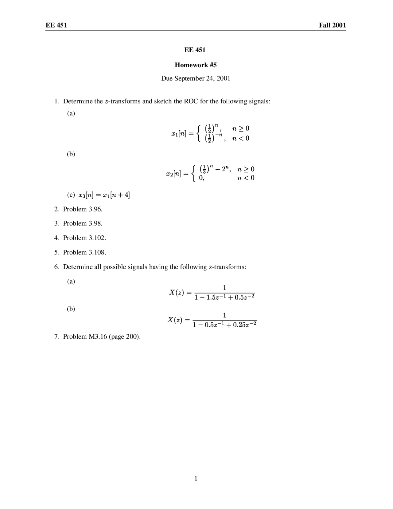 Homework 5 With 6 Question Digital Signal Processing Ee 451 Docsity