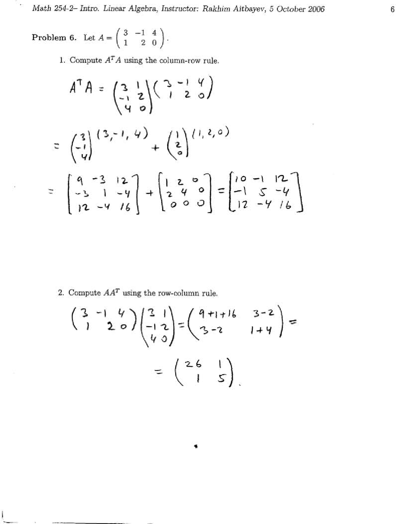 Solved Problems For Exam 1 Introduction Applied Linear Algebra Math
