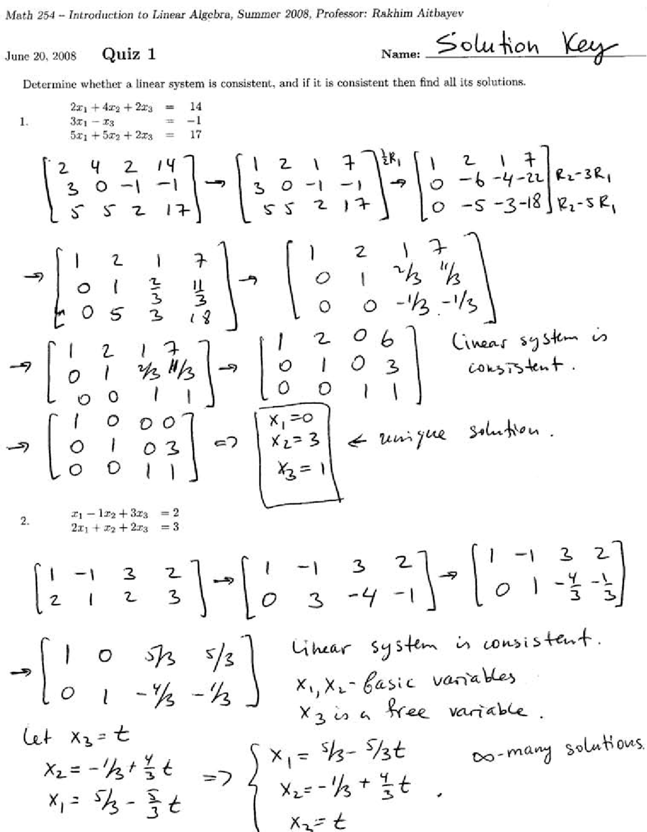 Answer Key For Quiz 1 Introduction To Linear Algebra Math 254 Docsity