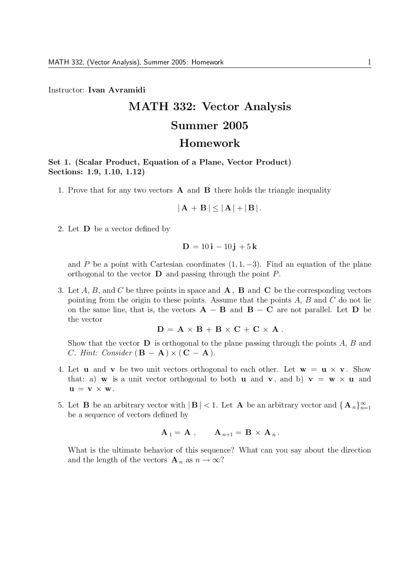 Practice Homework Vector Analysis Math 332 Docsity