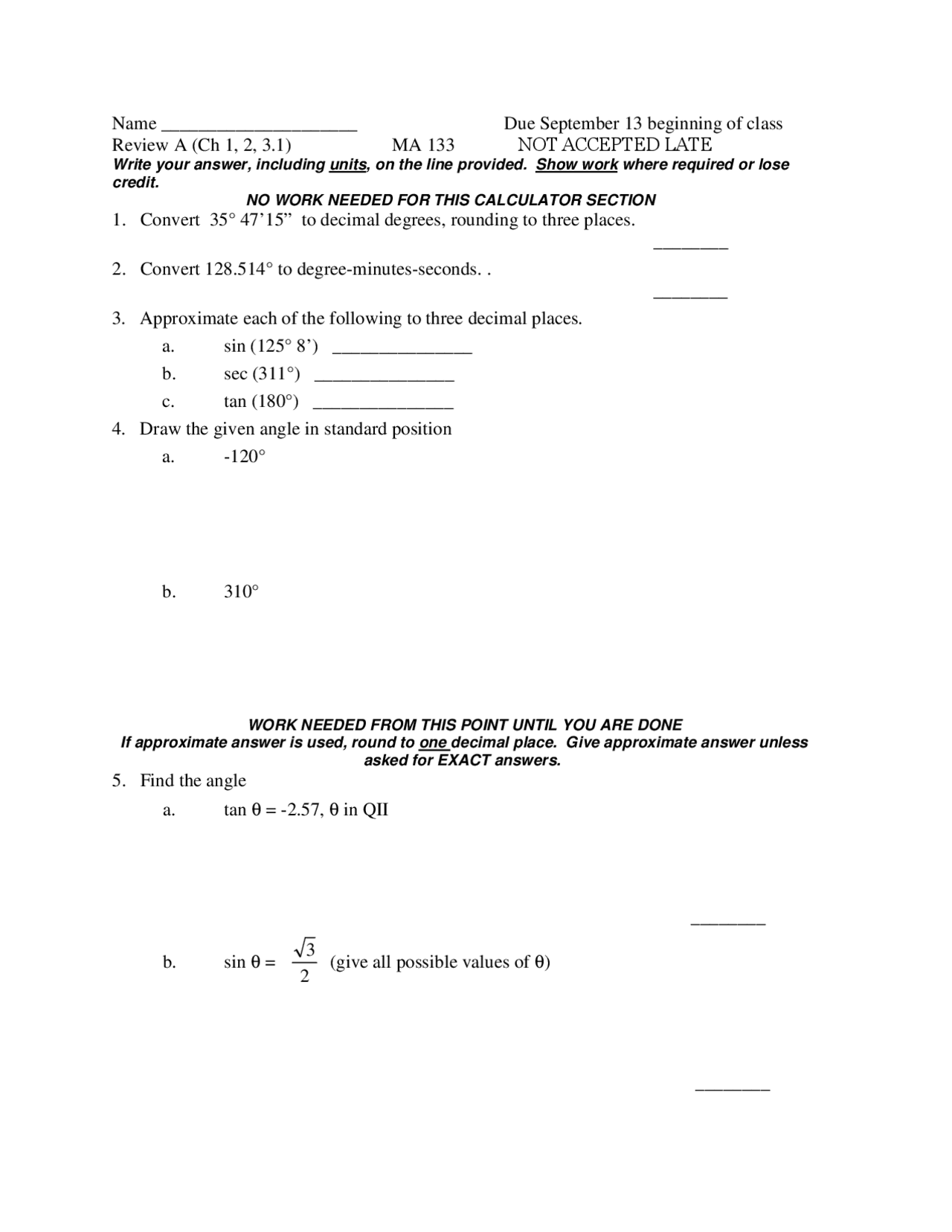 Review Paper For Plane Trigonometry Ma 133 Docsity