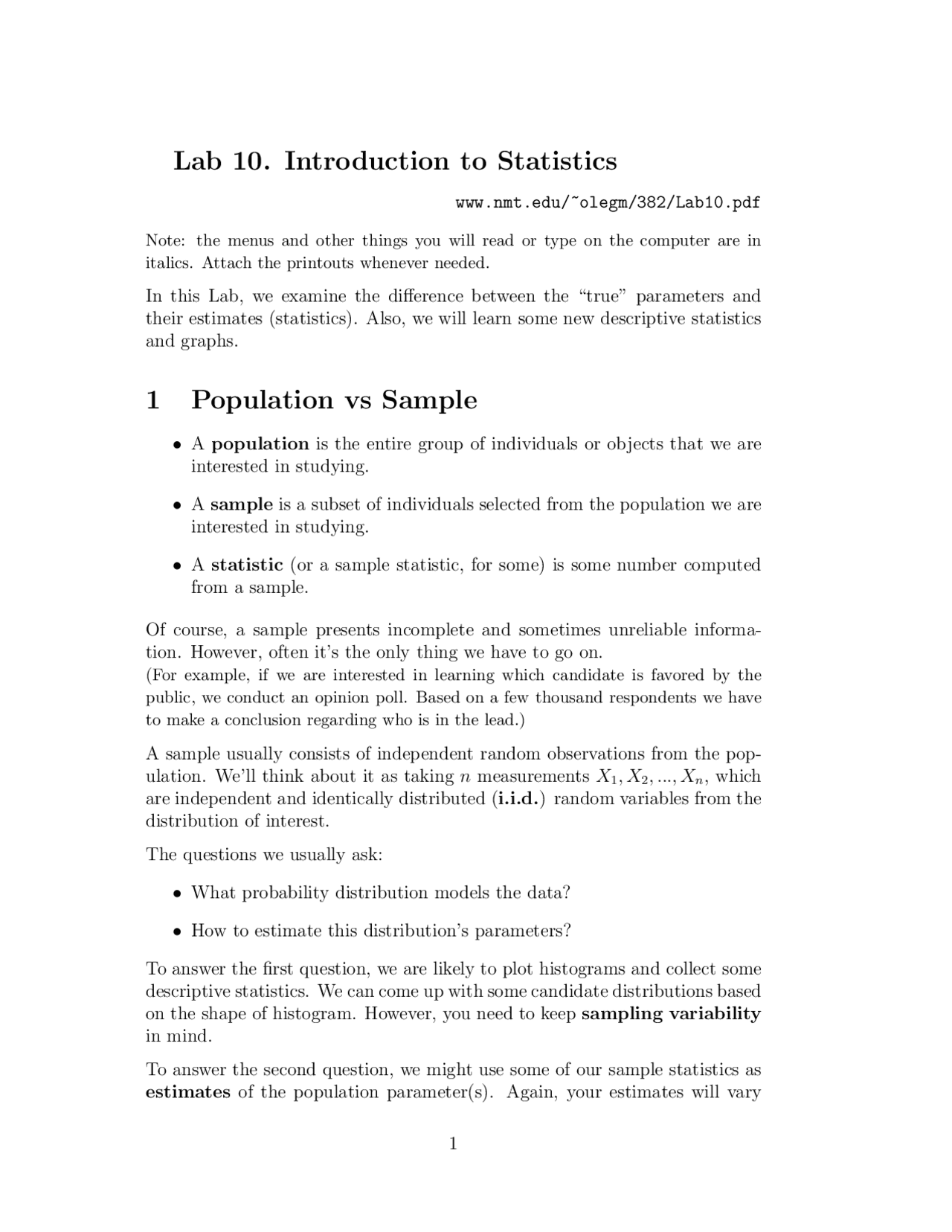 Introduction to Statistics - Laboratory #10 | MATH 382L | Lab Reports ...
