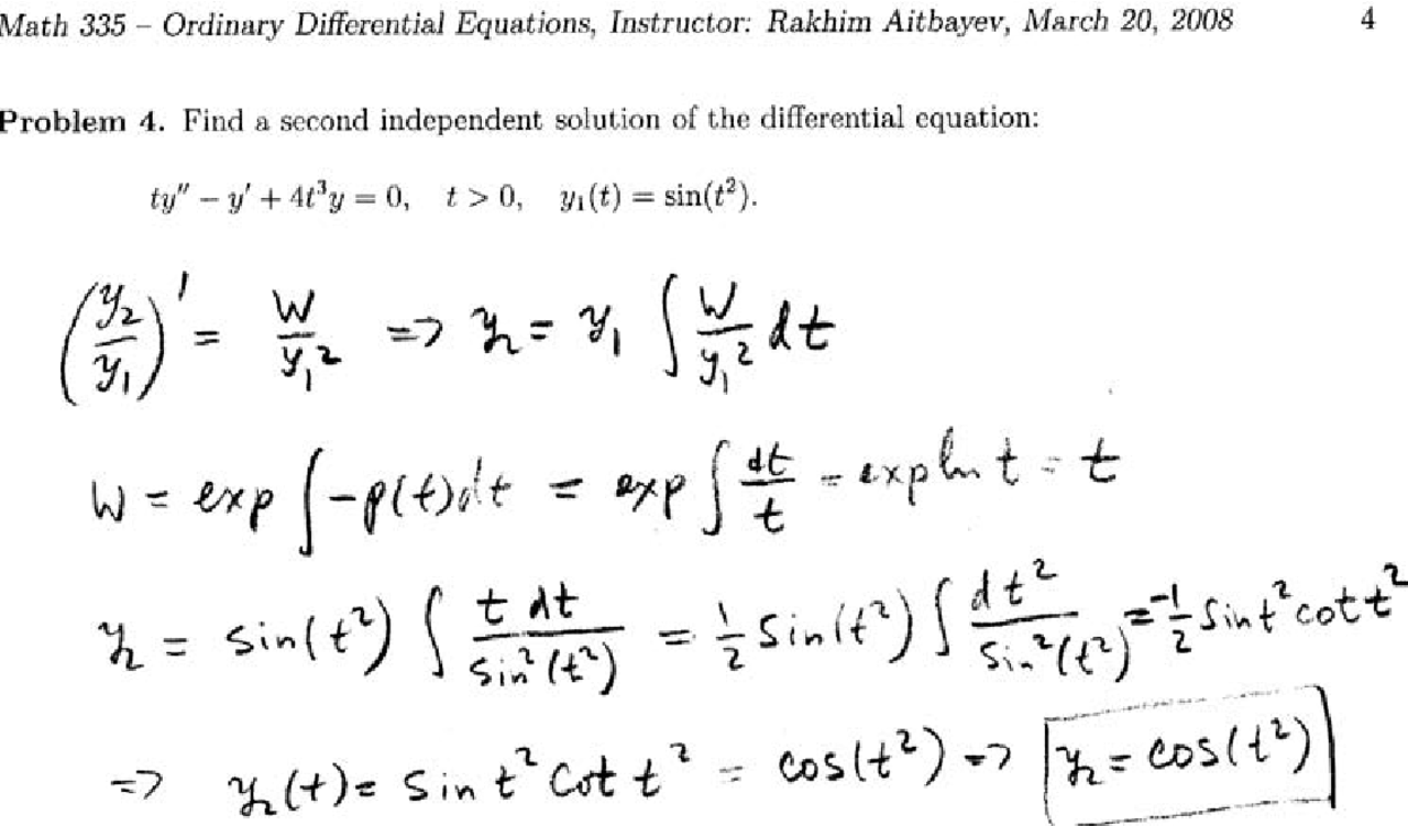 Ordinary Differential Equation Solved Problems Math 335 Exams