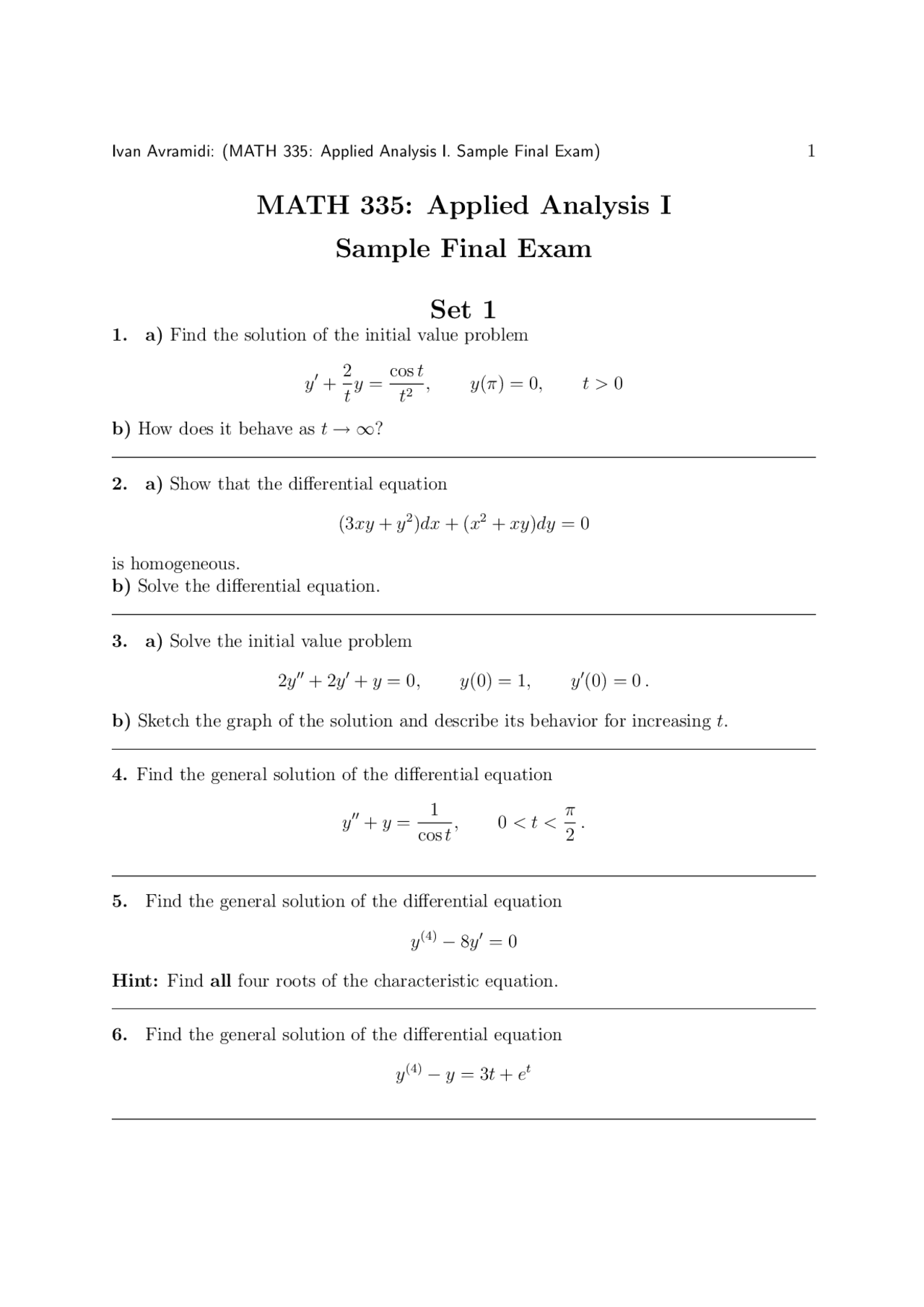 30 Sample Problems In Final Examination Applied Analysis 1 Math 335