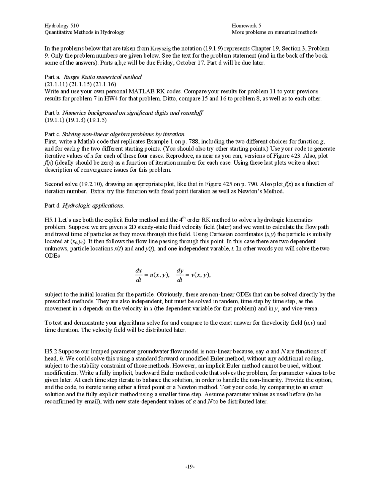 More Problems On Numerical Methods Homework 5 Hyd 510 Docsity