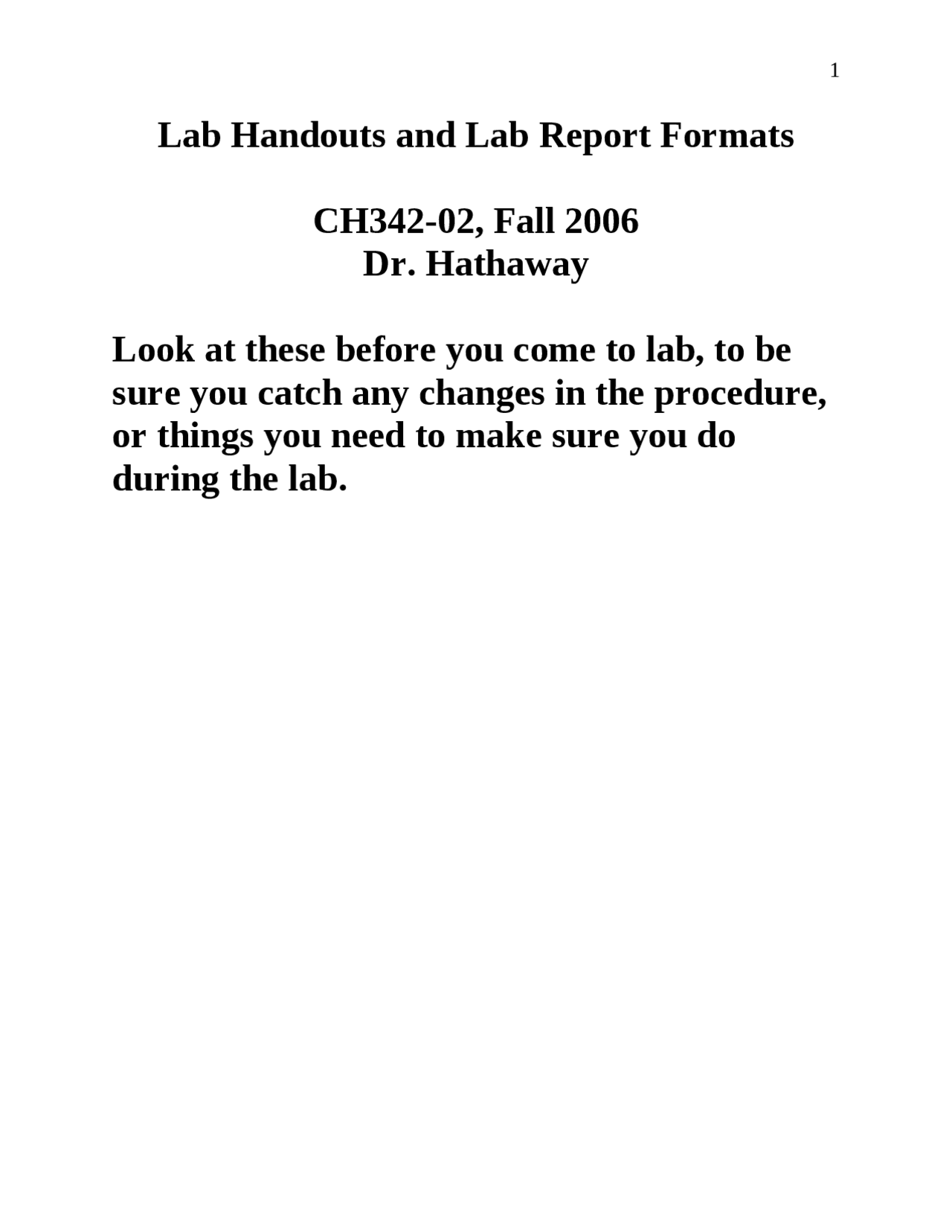 Lab Handouts And Lab Report Formats Fall 2006 Ch 342 Docsity
