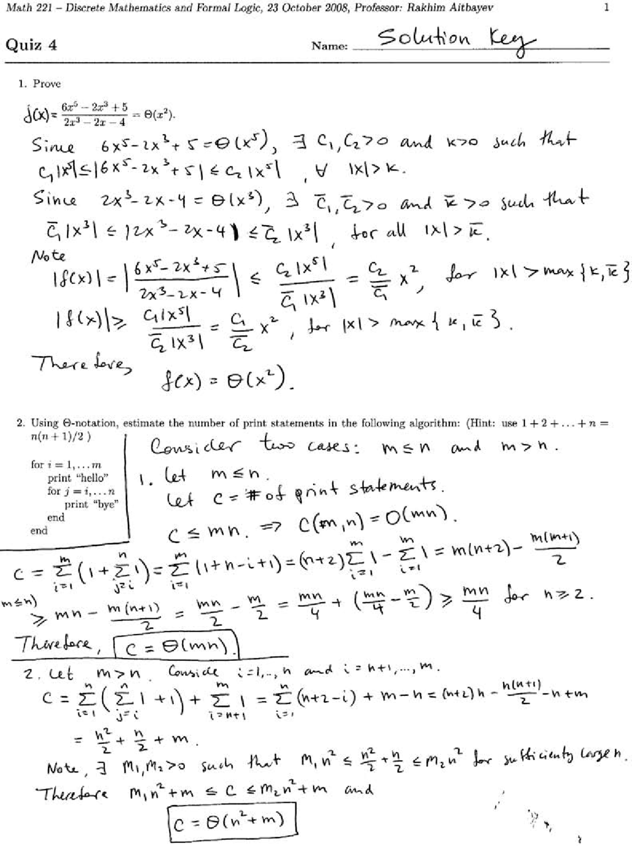 Quiz 4 Solution Key Formal Logic And Discrete Mathematics Math 221 Docsity