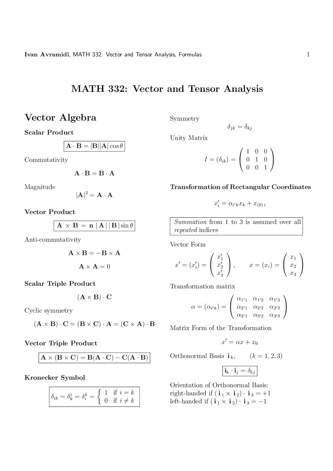 Vector and Tensor Analysis, Formulas - Study Guide | MATH 332 - Docsity