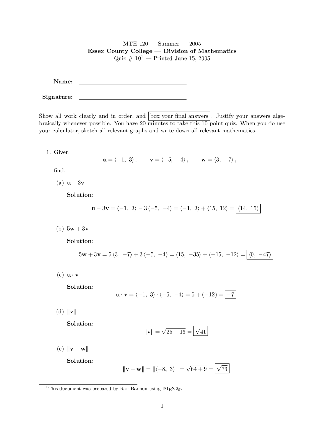 Quiz 10 With Solutions Pre Calculus Ii Mth 120 Docsity