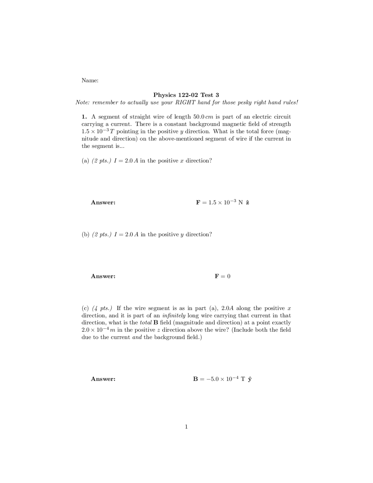 Practice Test 3 On General Physics Ii Phys 122 Docsity