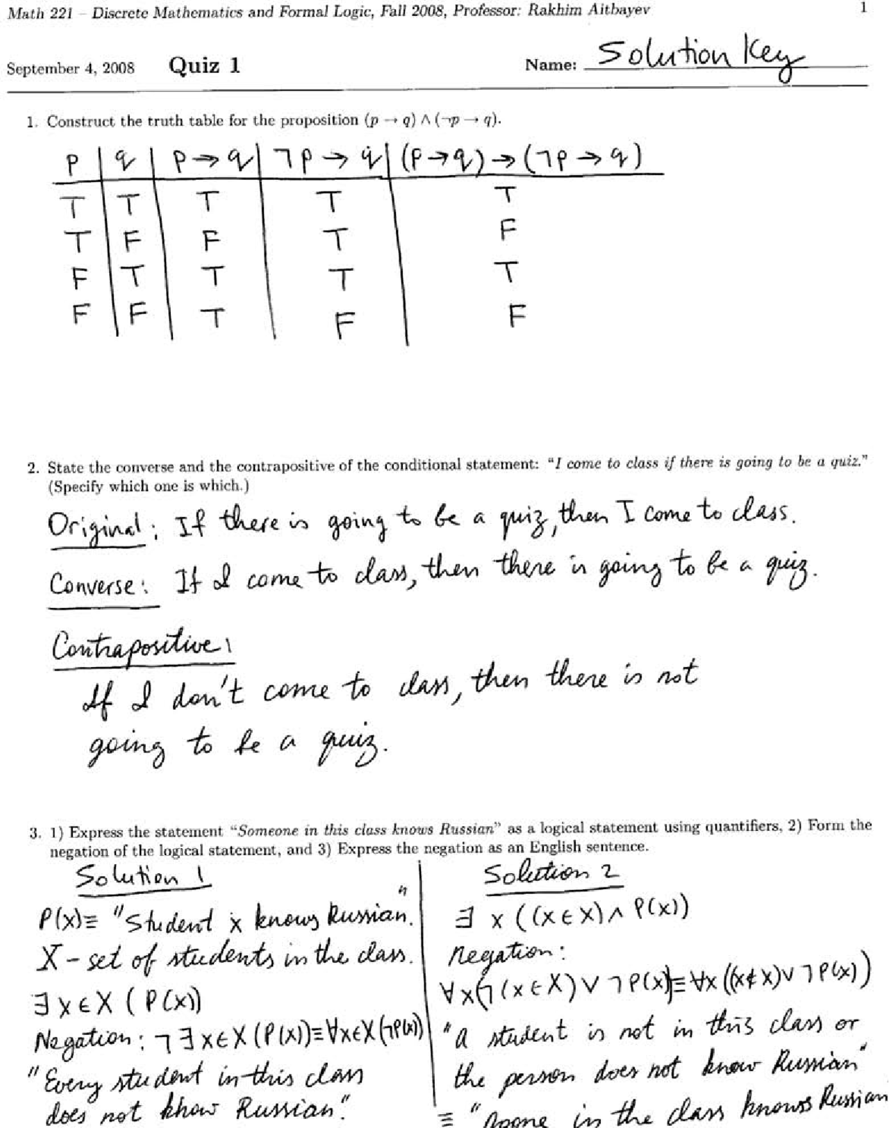Quiz 1 Solution Key Formal Logic And Discrete Mathematics Math 221 Docsity