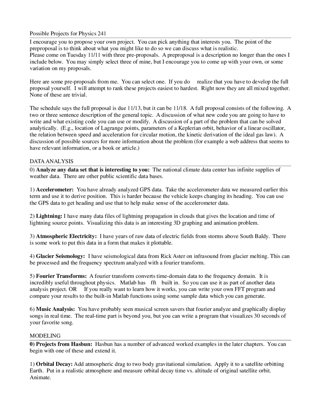 Data Analysis Modeling Possible Projects Phys 241 Docsity