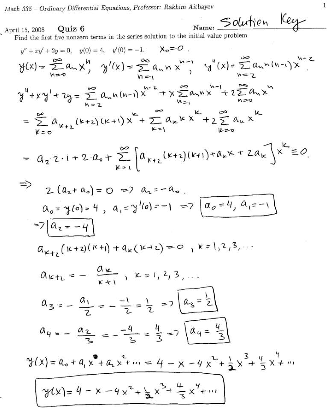 Solved Problem on Ordinary Differential Equation - Quiz 6 | MATH 335 - Docsity