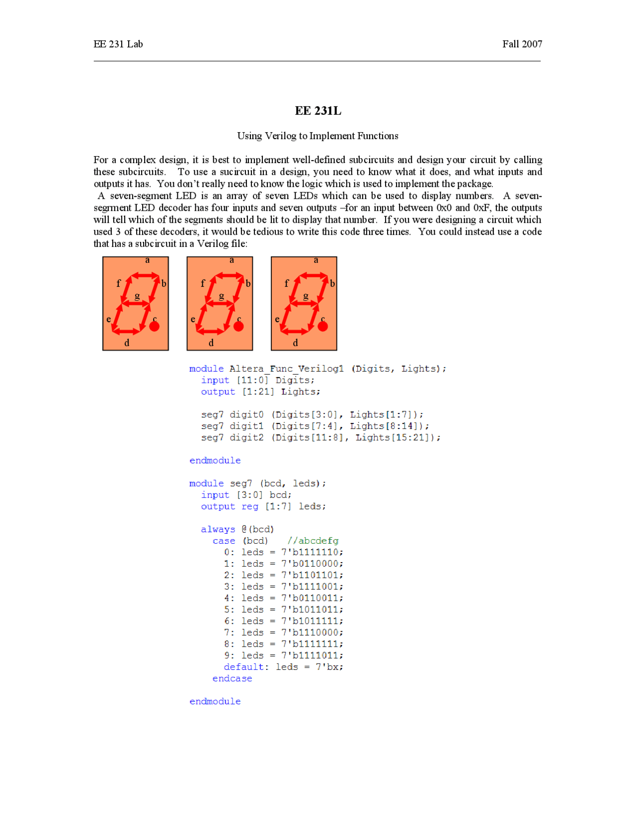 Using Verilog To Implement Functions Lab Work Ee 231l Docsity