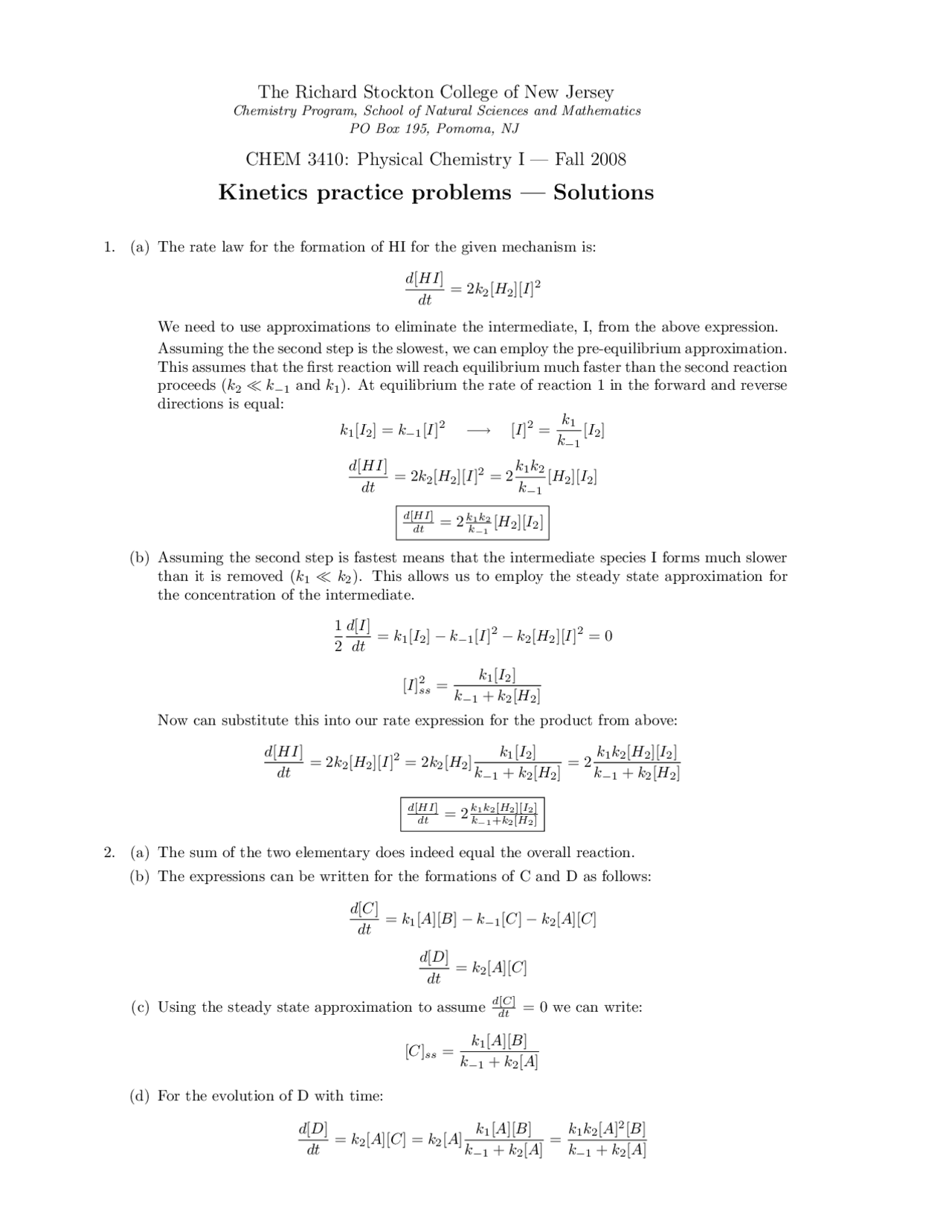 Kinetics Practice Problems with Solutions - Physical Chemistry I | CHEM ...