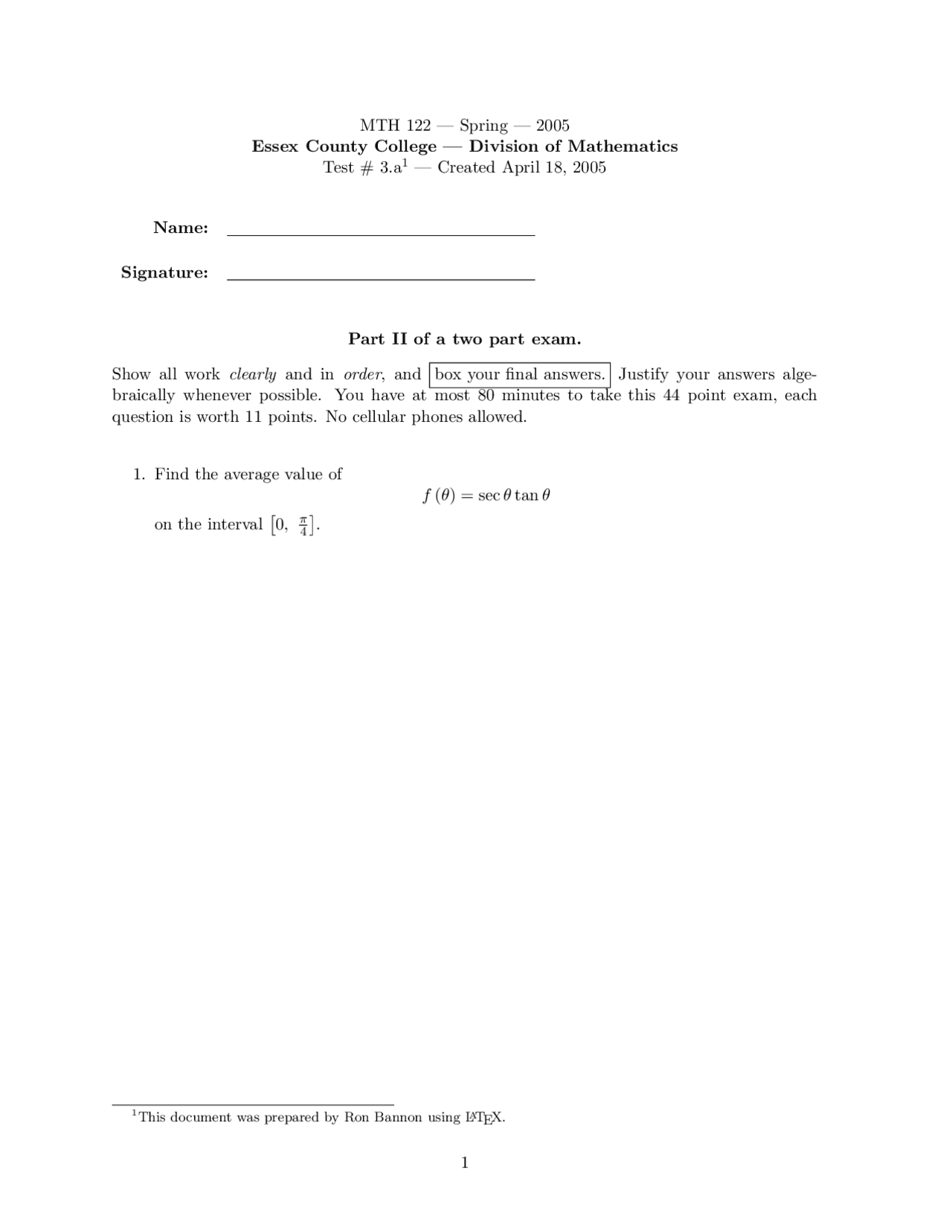 MTH 122 Spring 2005 Exam Part II: Calculus Problems - Prof. Ron Bannon | Exams Analytical ...