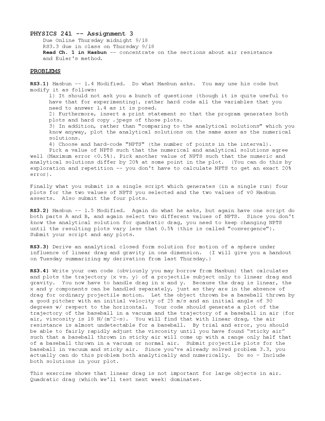 Physics Assignment 3: Analyzing Air Resistance & Sphere Motion with Drag & Gravity | Assignments ...