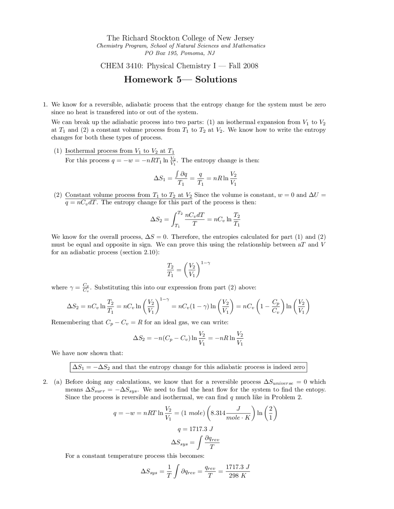 Practice Homework 5 Solutions - Physical Chemistry I | CHEM 3410 - Docsity