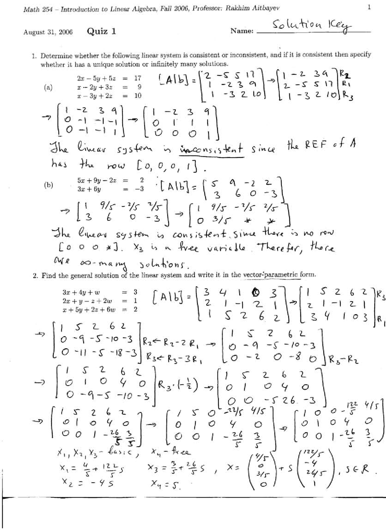 Quiz 1 Solutions - Introduction to Linear Algebra | MATH 254 - Docsity